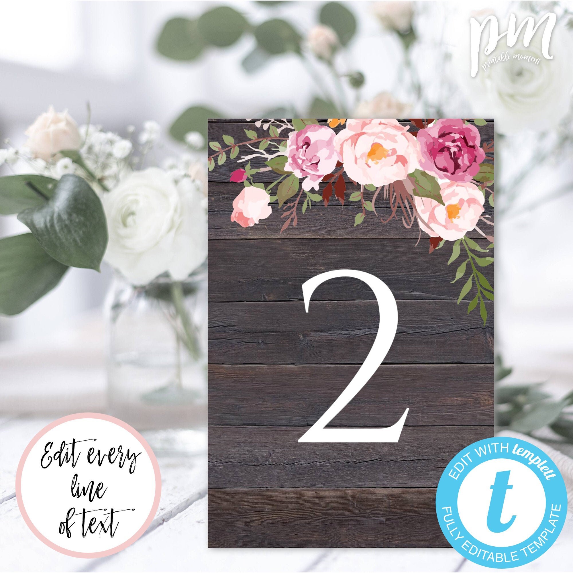 Rustic Floral Table Number Template, Pink Floral Wedding Table Number ...
