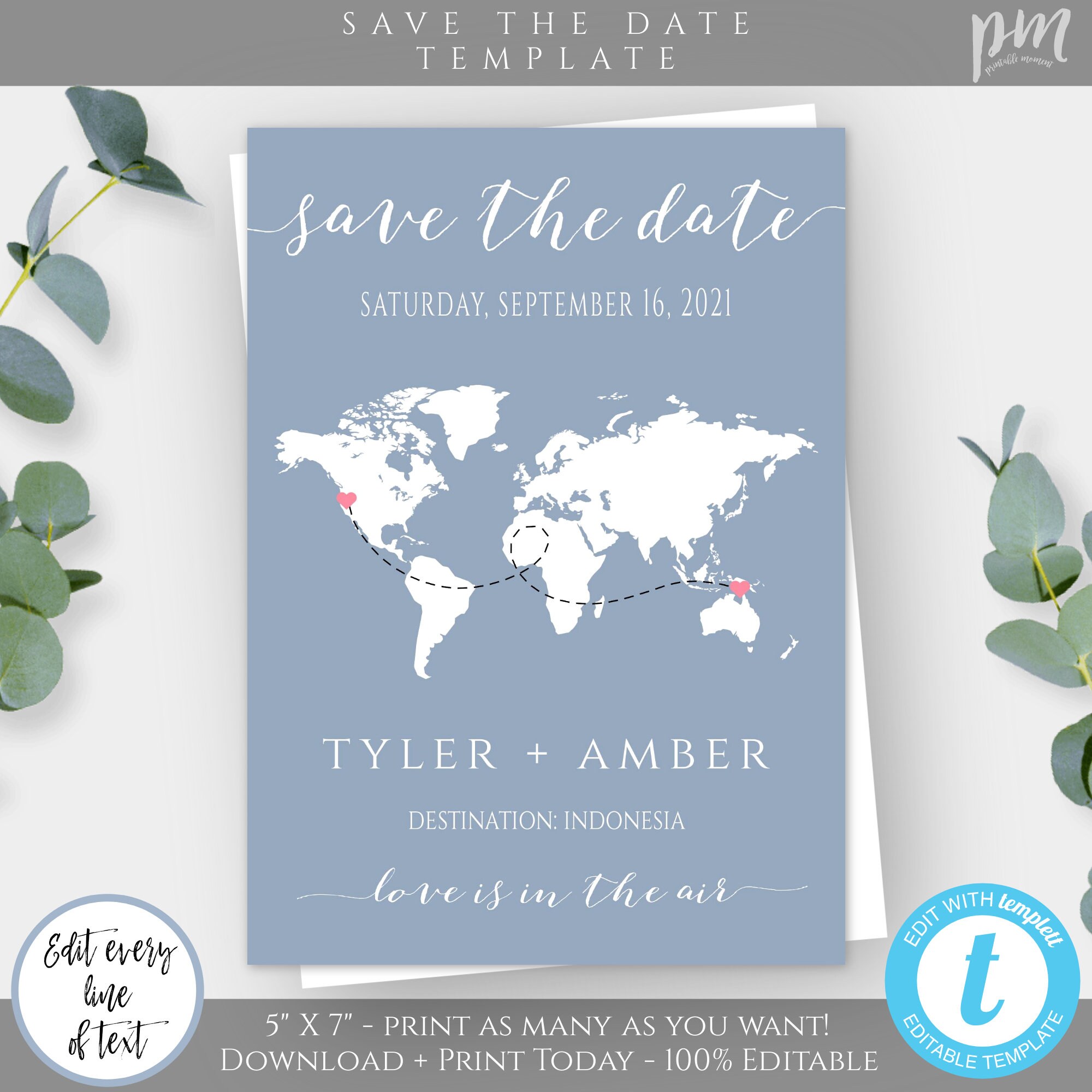 Dusty Blue Save The Date Travel Theme Template, Editable Destination ...