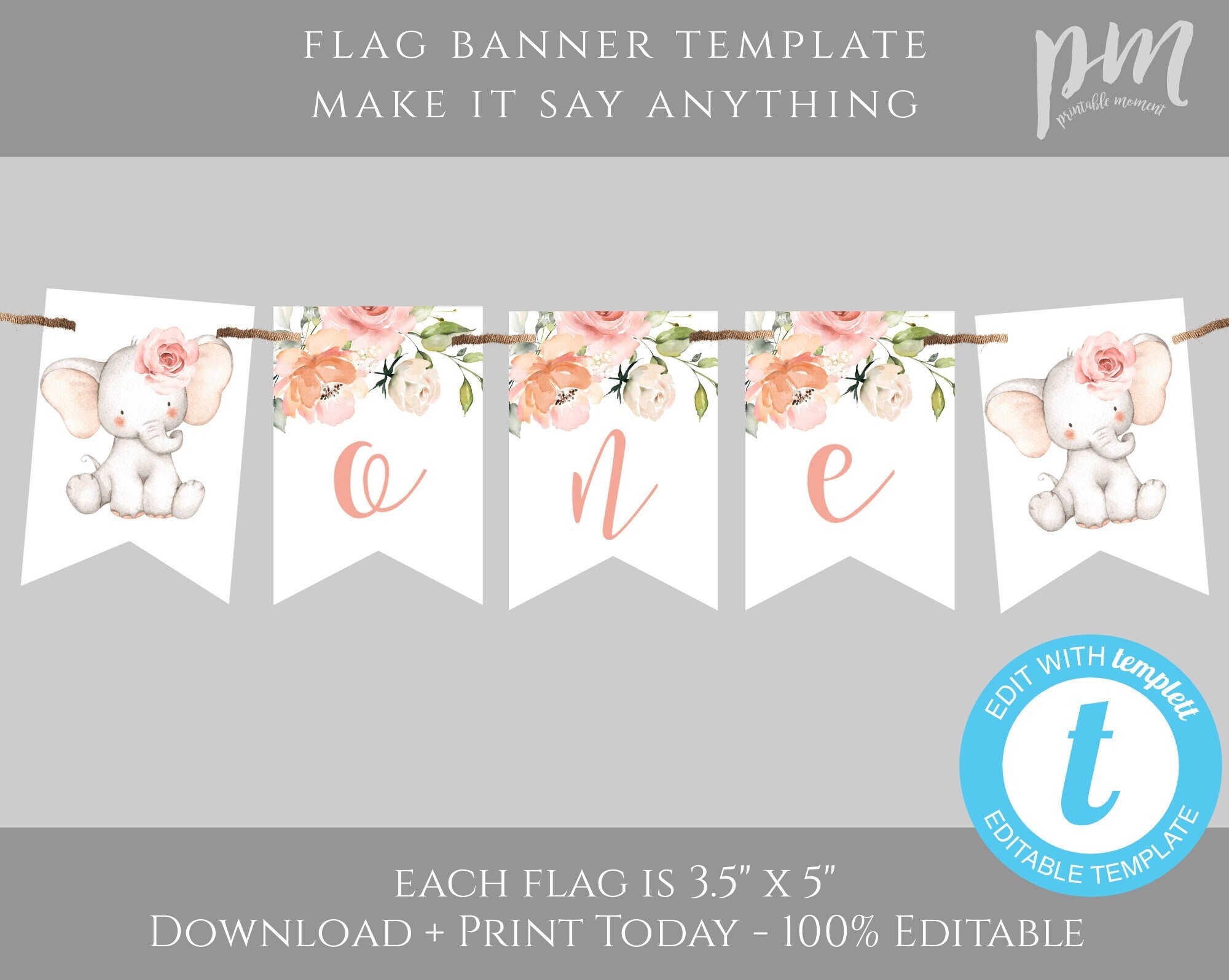 Peach Floral Elephant Flag Banner, First Birthday Bunting Flag Template ...