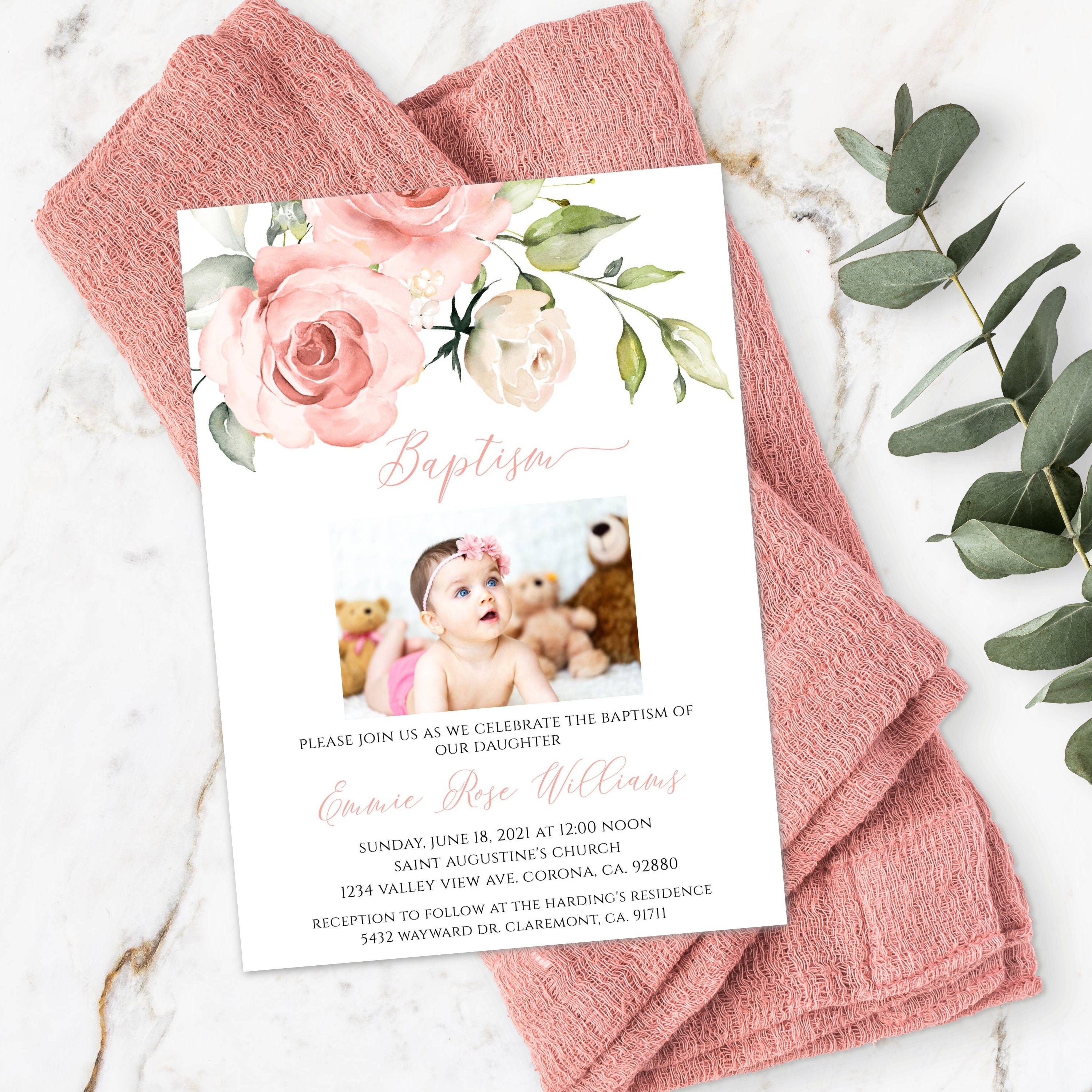 Baptism Invitation Template for Girl, Printable Invitation, Pink Floral ...