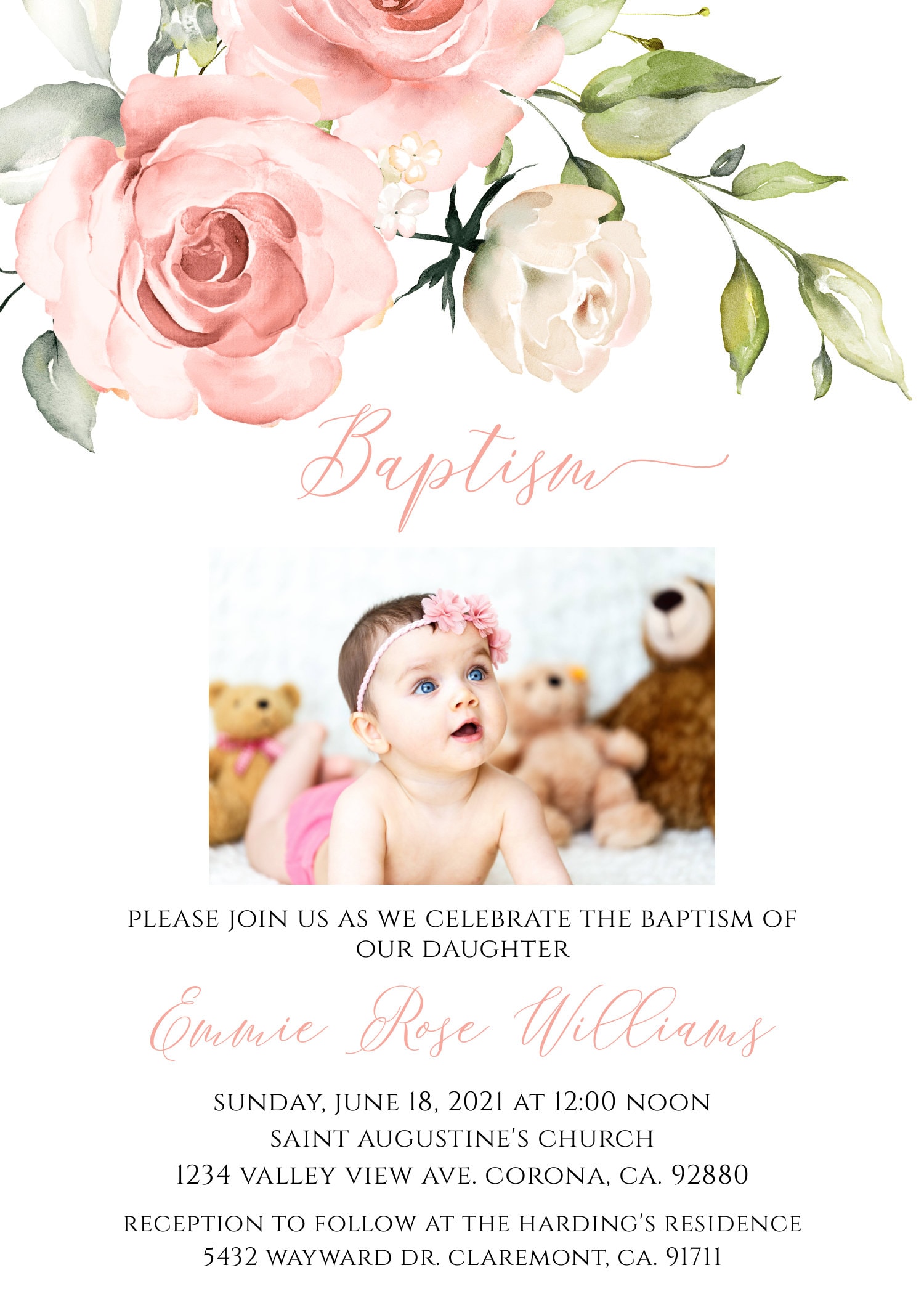 Baptism Invitation Template for Girl, Printable Invitation, Pink Floral ...