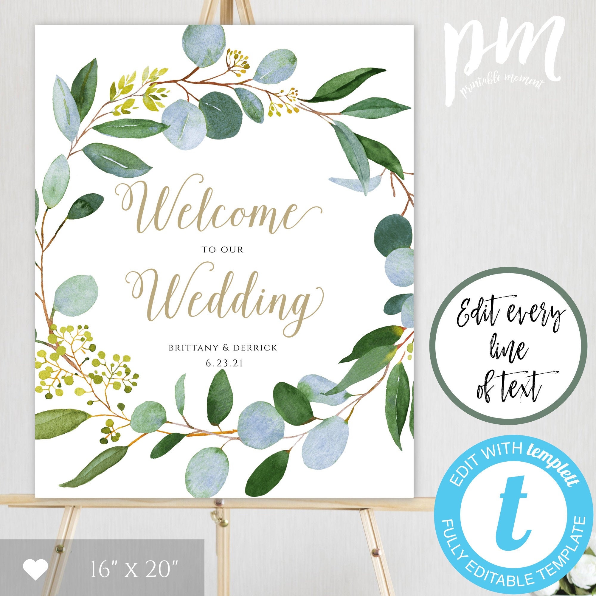 Greenery Wedding Welcome Sign Template, Editable Wedding Welcome Sign ...