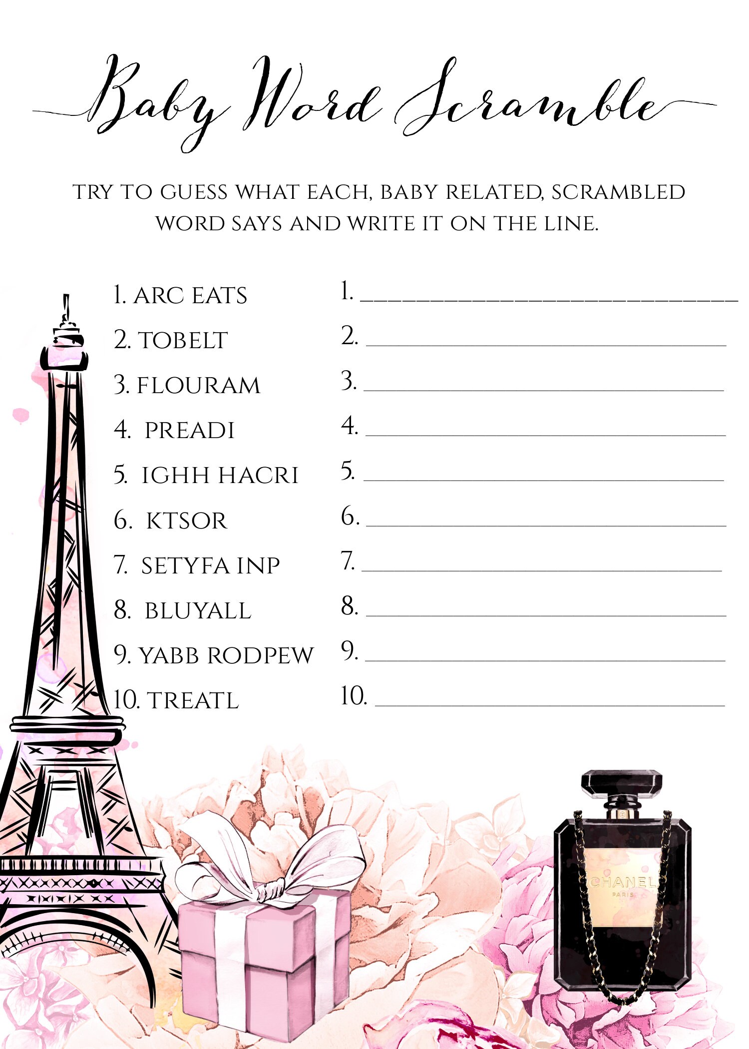 Paris Baby Word Scramble Game Template, Printable French Baby Shower ...