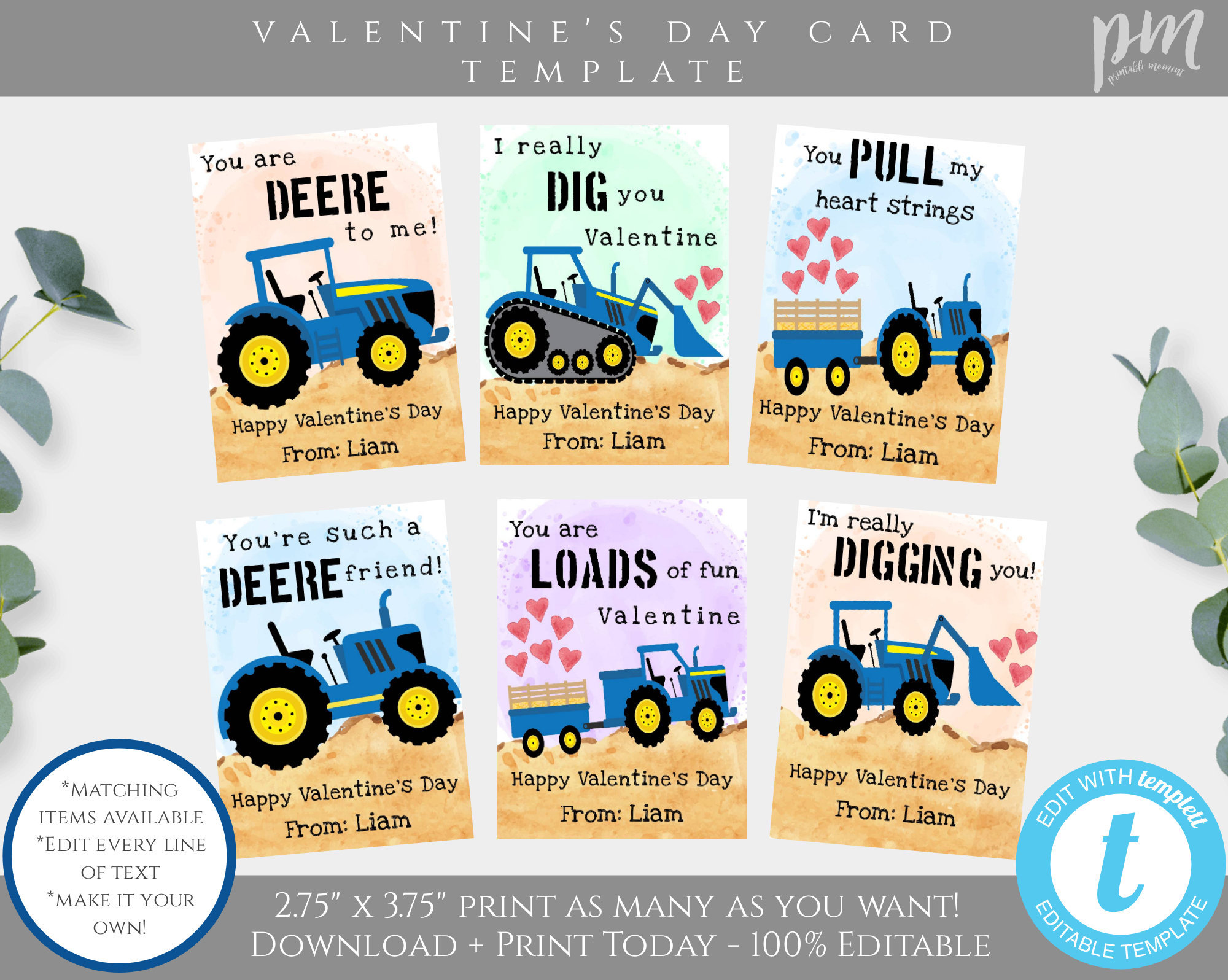Blue Tractor Valentines Day Card Template, Tractor Valentines Cards for ...