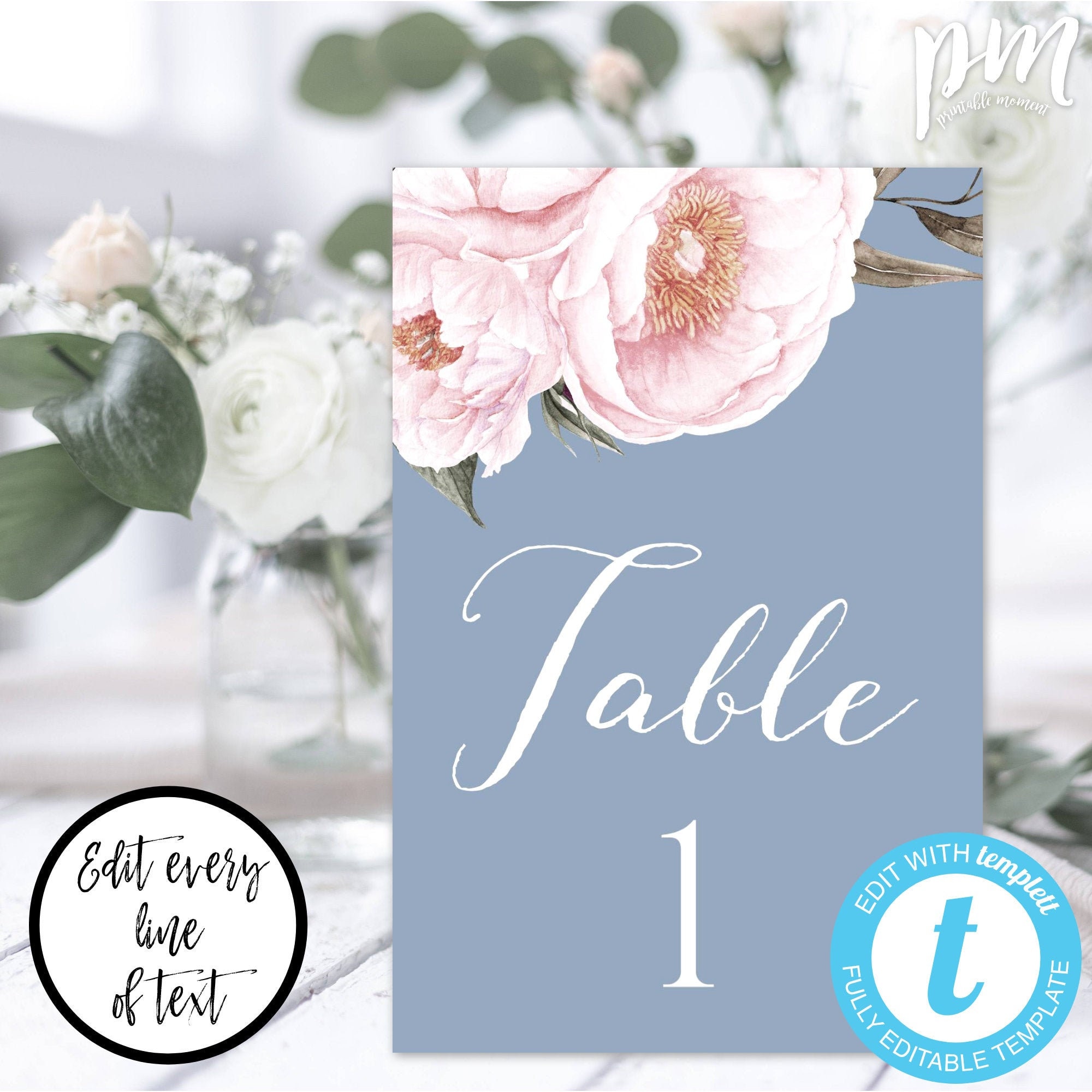 Dusty Blue & Blush Floral Table Number Template for Wedding, Edit ...