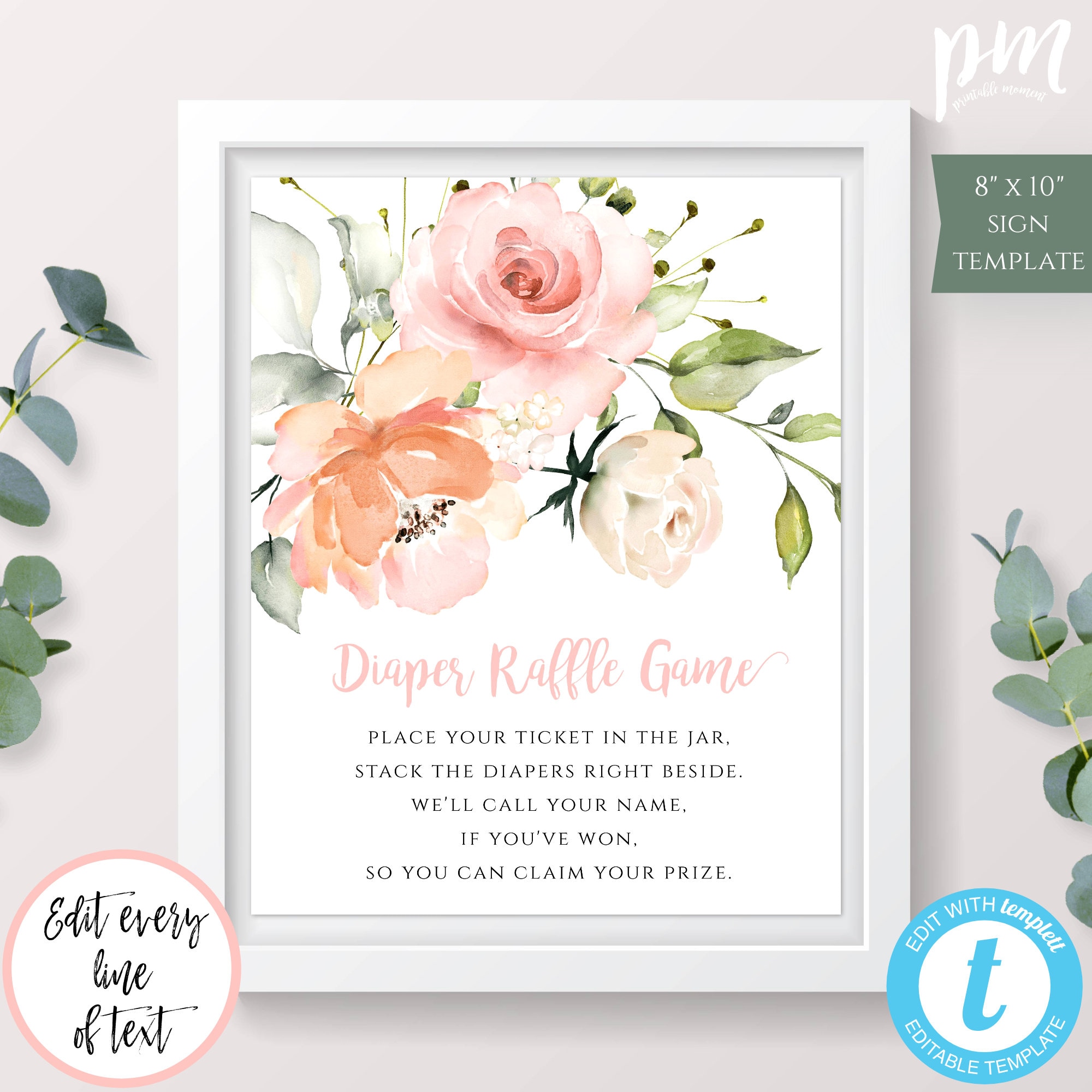 Peach Floral Diaper Raffle Sign Template, DIY Editable Template ...