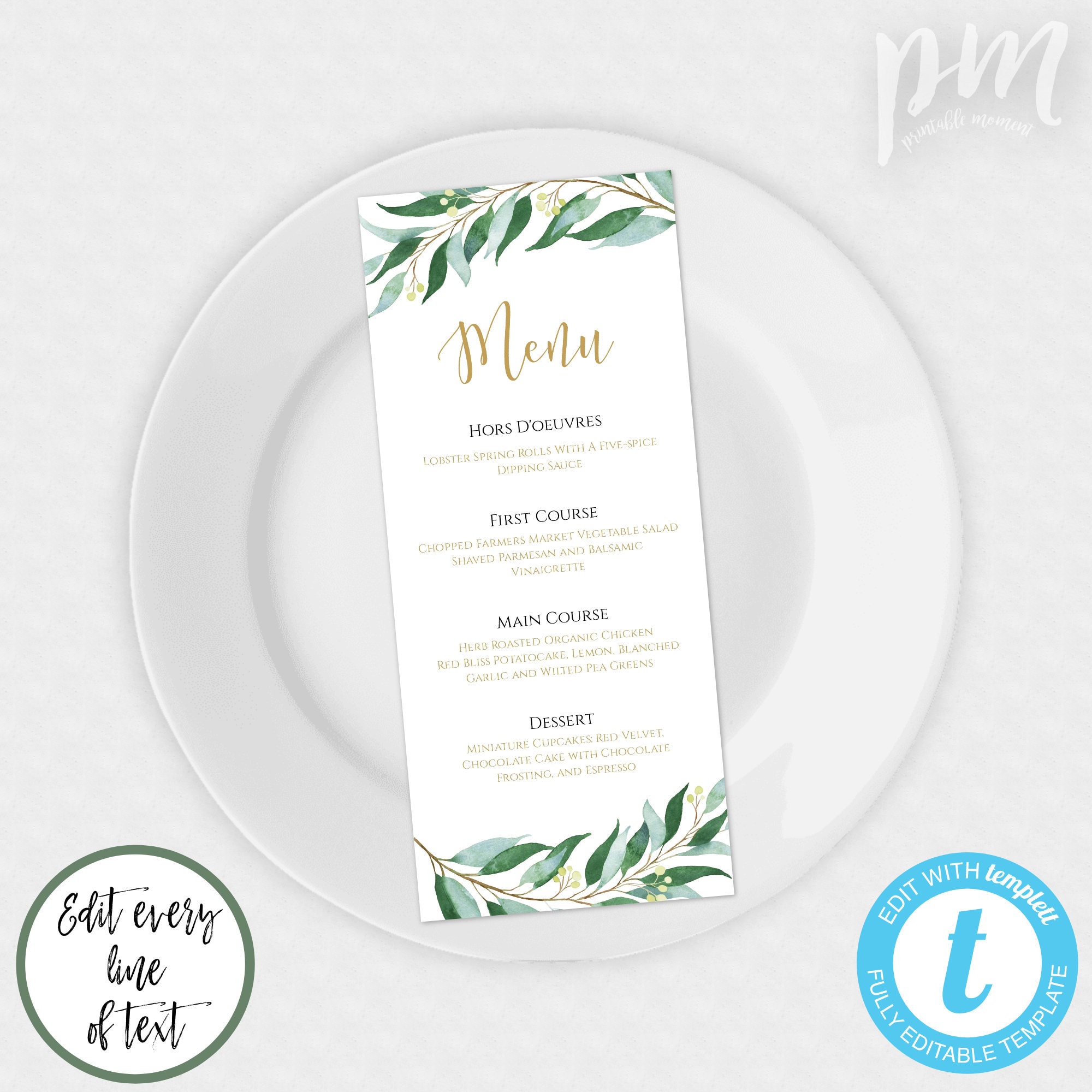 Greenery Wedding Menu Template, Printable Green and Gold Menu Editable ...