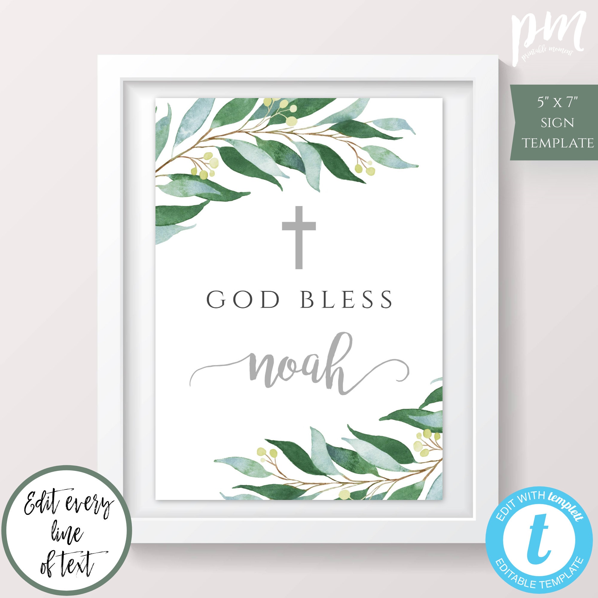 God Bless Sign Template for Boy, Greenery Baptism Sign, Baptism Gift ...