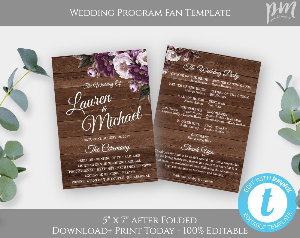 Rustic Wedding Program Fan Template, Ceremony Program Fan, Purple ...