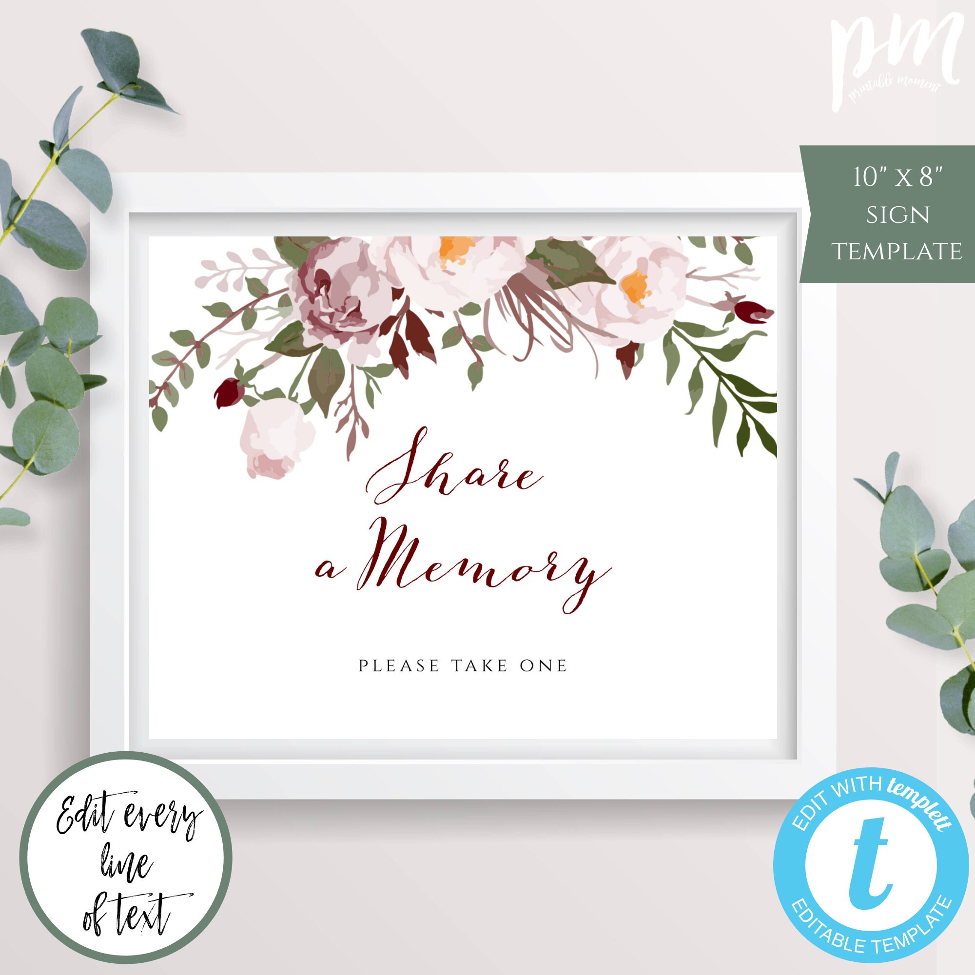 Burgundy Floral Share a Memory Sign Template, Printable + Editable ...