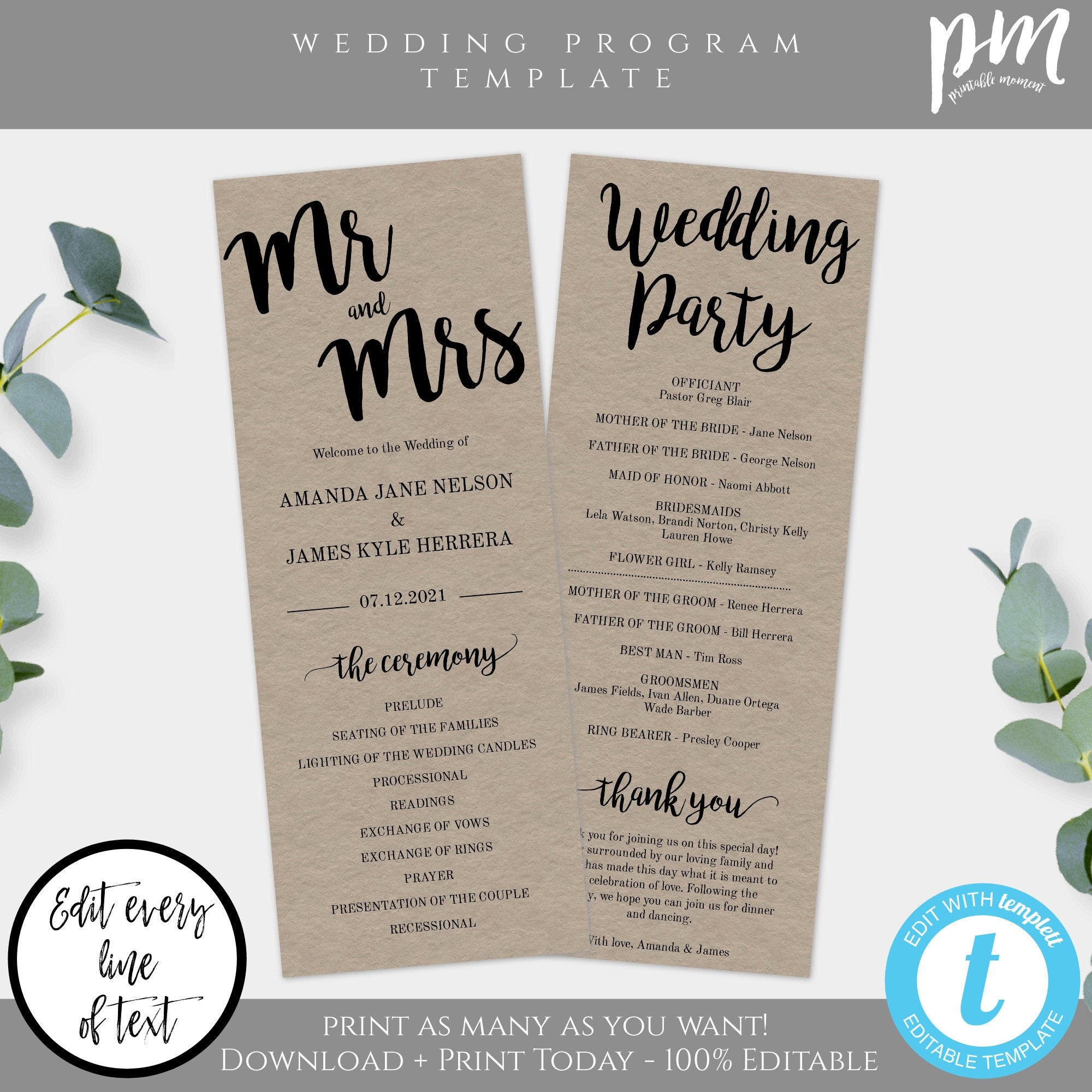 Rustic Program Template for Wedding, 1/2 page Printable Program ...
