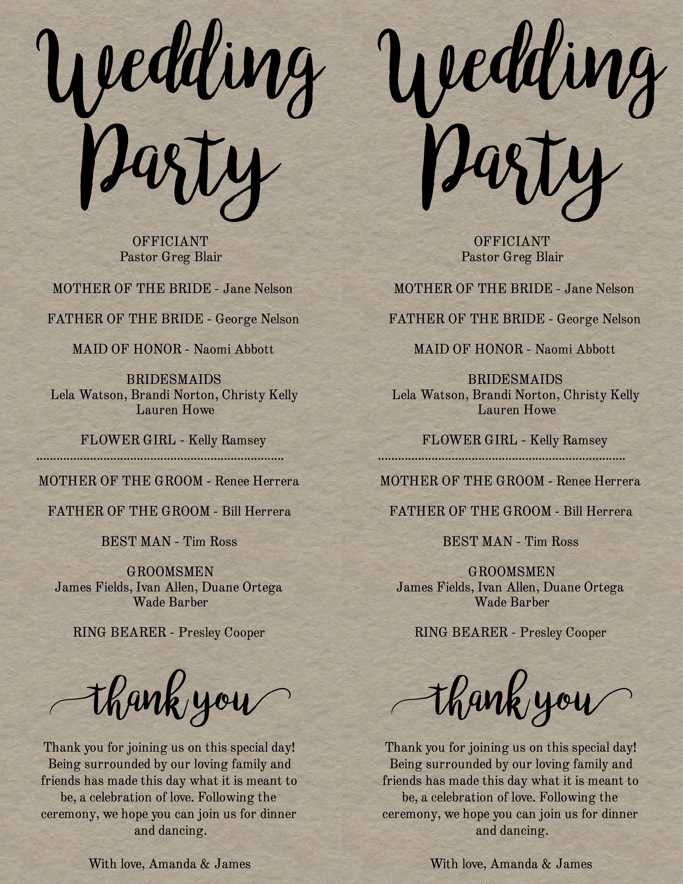 Rustic Program Template for Wedding, 1/2 page Printable Program ...