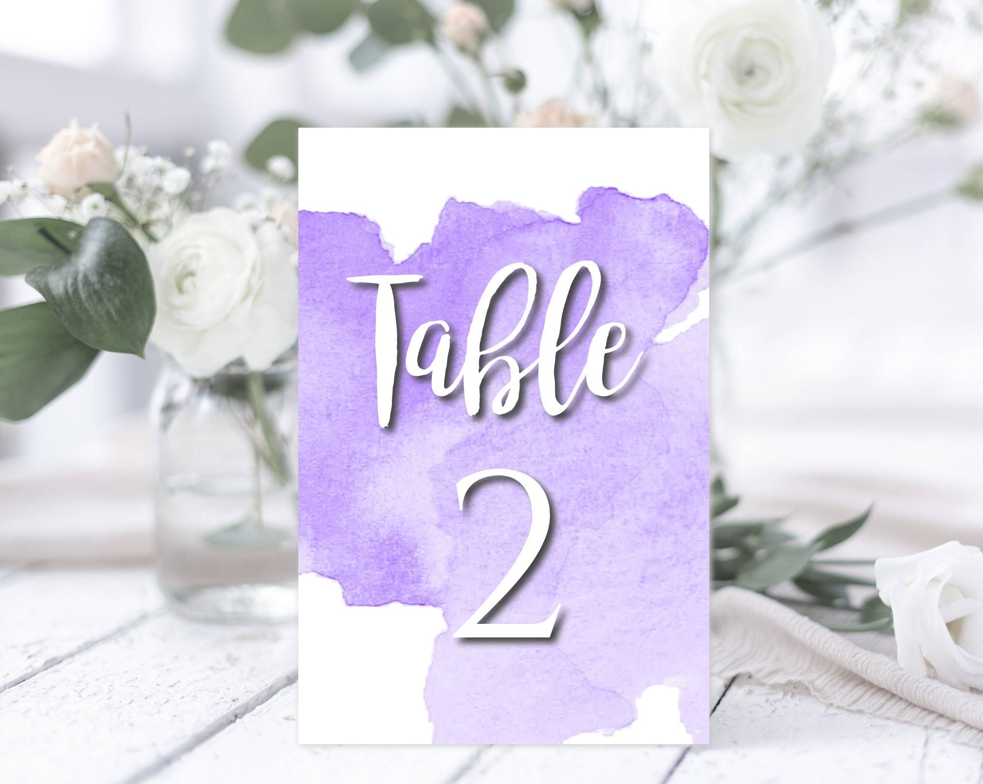 Purple Watercolor Wedding Table Number Template, Edit + Print Yourself ...