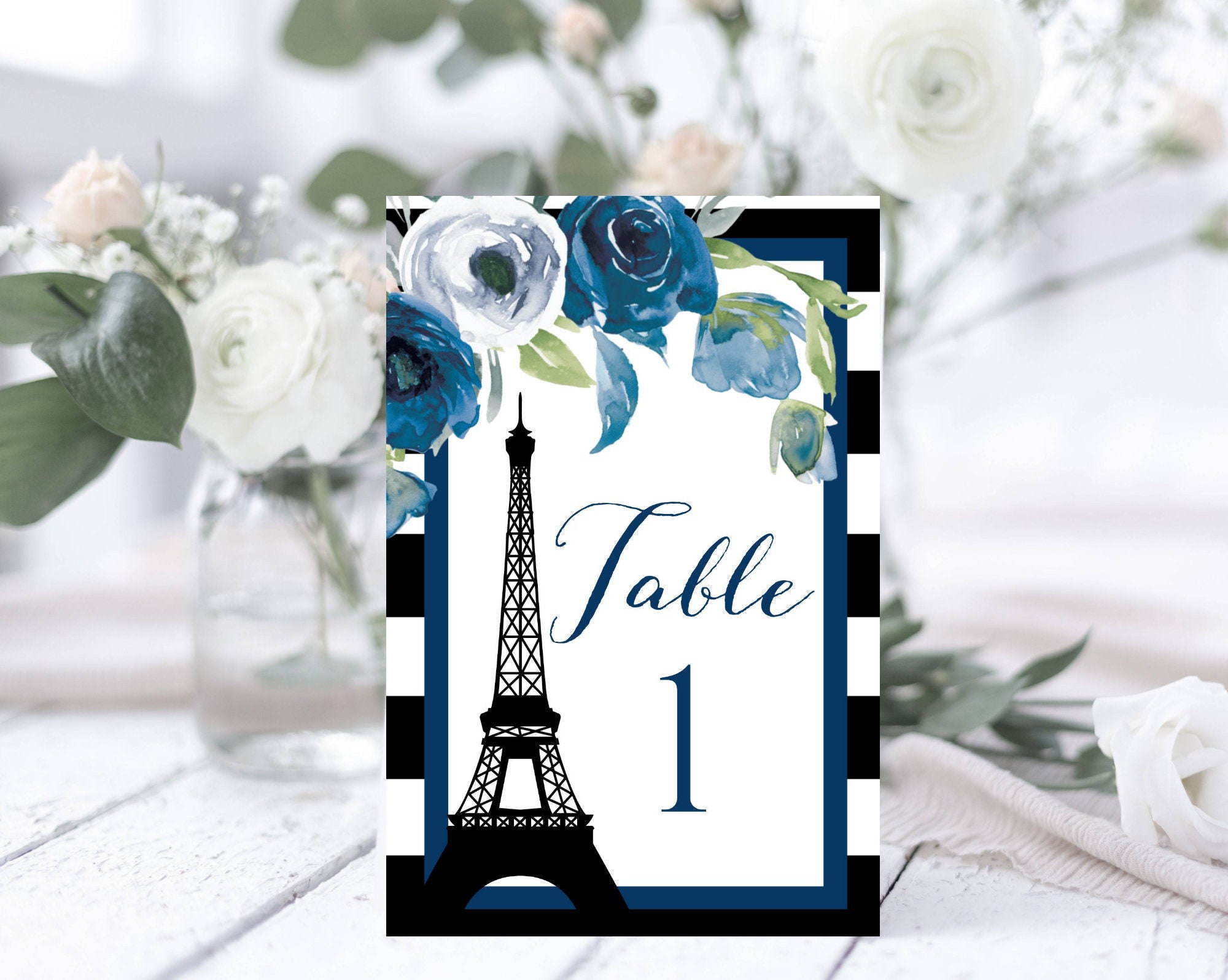 PARIS Table Numbers Template, Eiffel Tower Table Number, Blue Floral ...