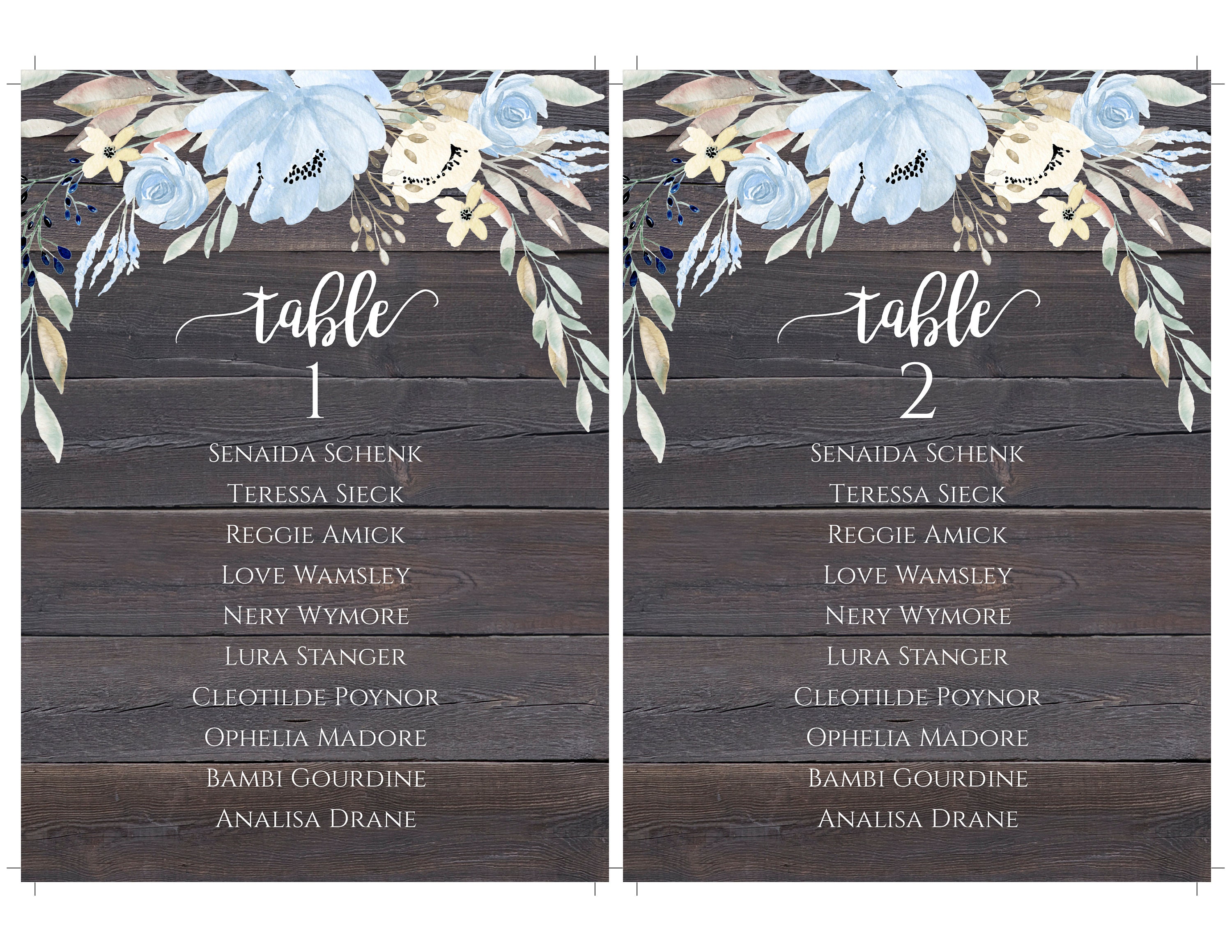 Blue Floral RUSTIC Seating Chart Template, DIY Editable Baby Shower ...