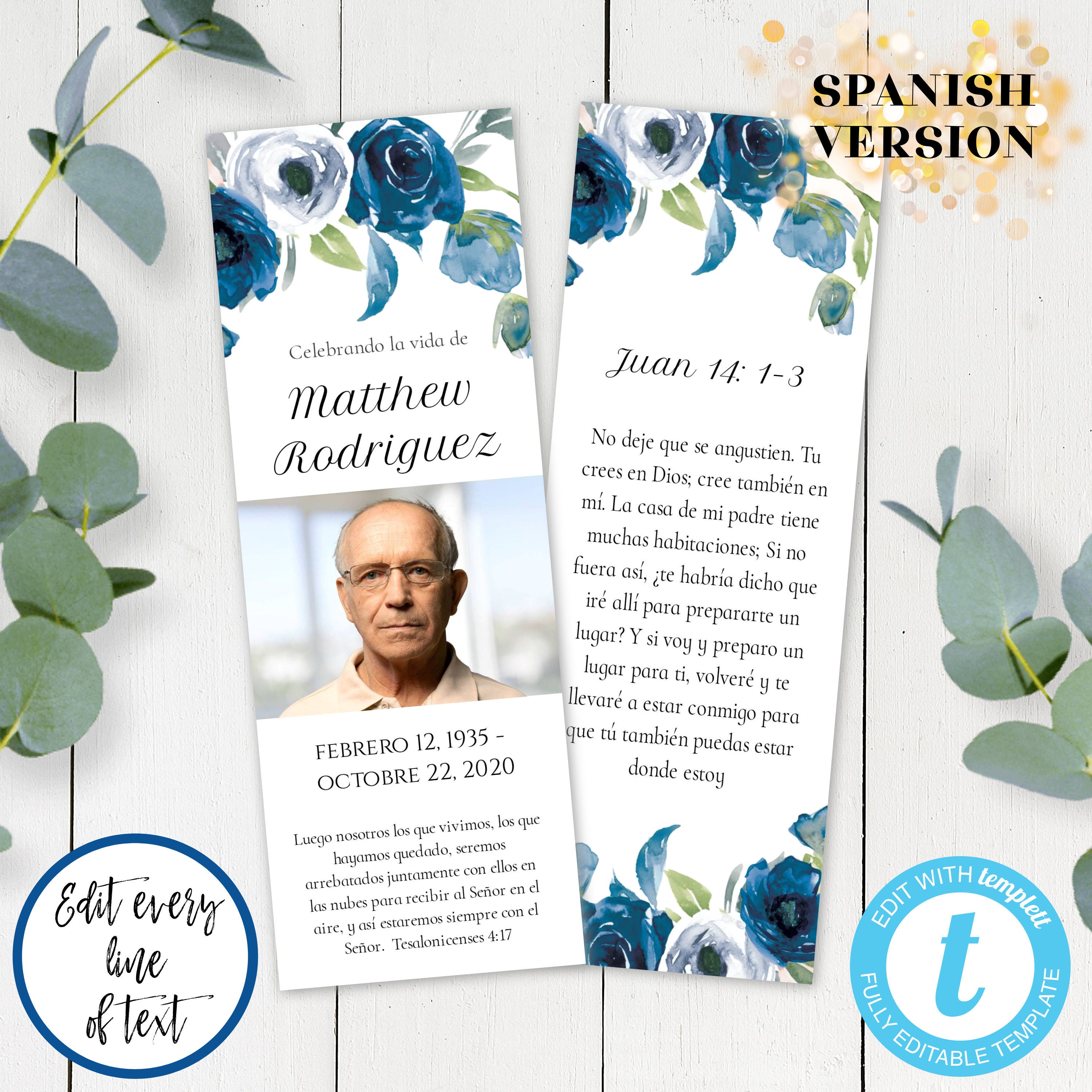 Spanish Bookmark for Men's Funeral, Blue Floral Custom Bookmark ...