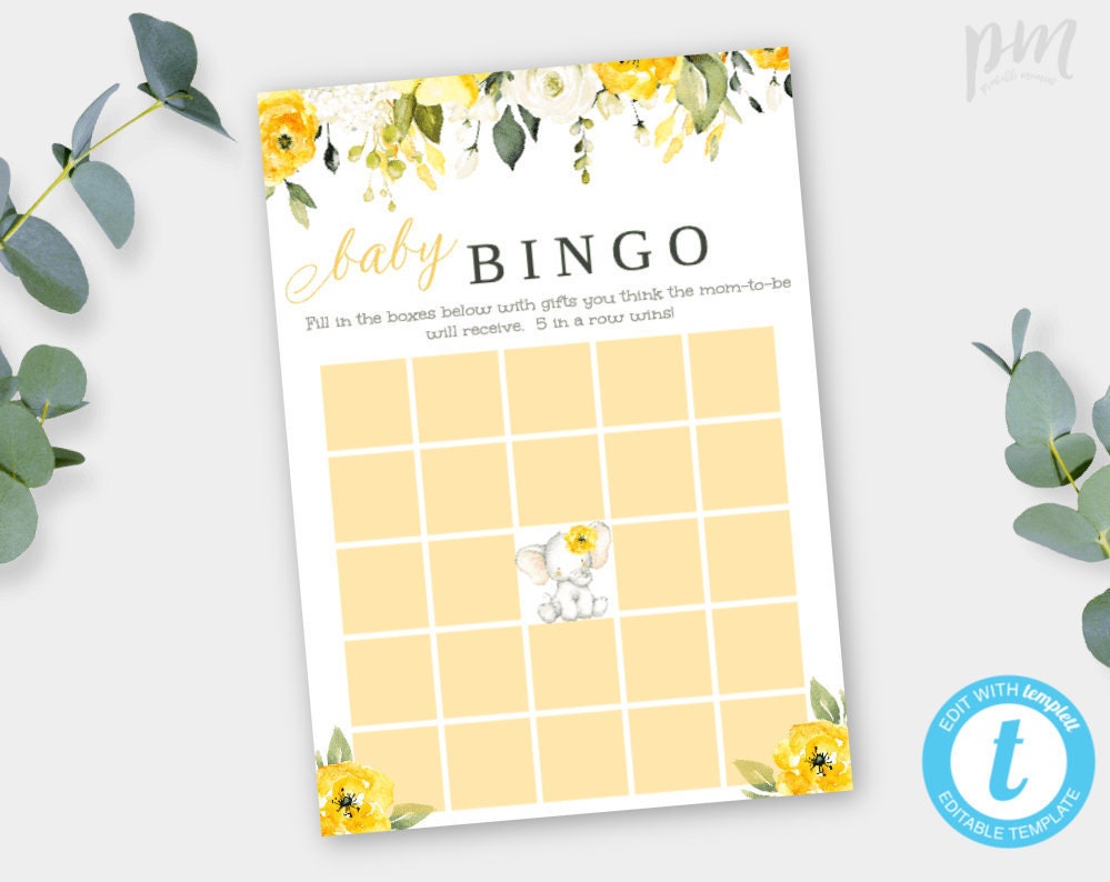Elephant Baby Shower Bingo Game Template, Baby Shower Game, Yellow Girl ...