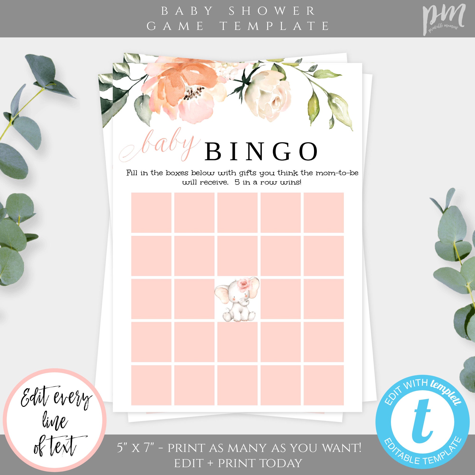 Elephant Baby Shower Bingo Template, Baby Shower Game, Editable Baby ...