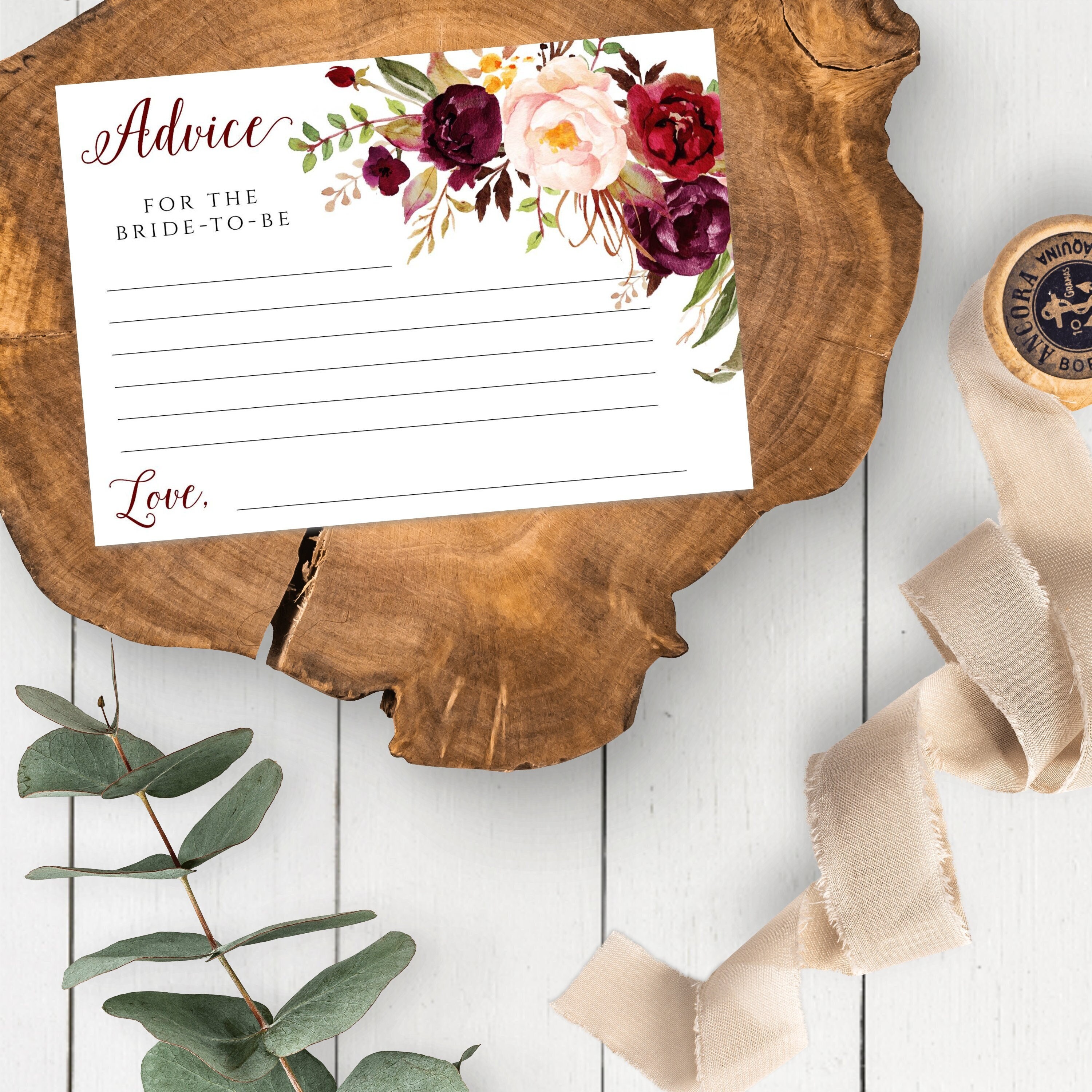 Burgundy Advice Card Template for Bridal Shower, Floral Advice Card ...