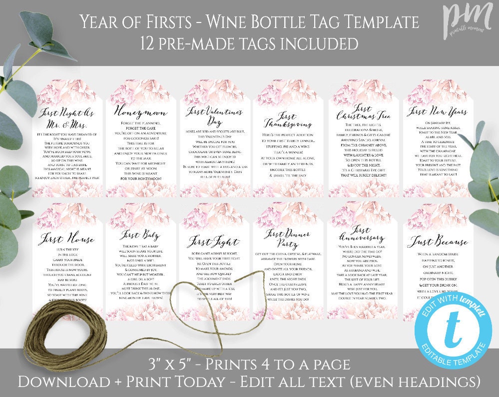 A Year of Firsts Wine Bottle Tag Template, Wedding Milestone Wine ...