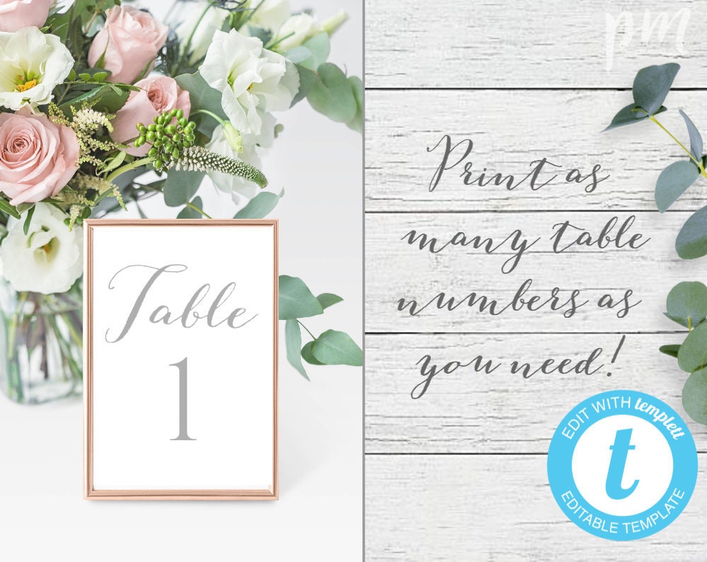 Silver Table Number Template, Wedding Printable, Editable Wedding Table ...