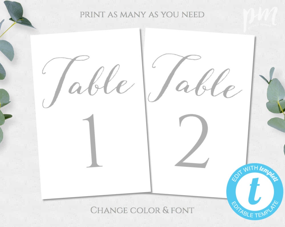 Silver Table Number Template, Wedding Printable, Editable Wedding Table ...