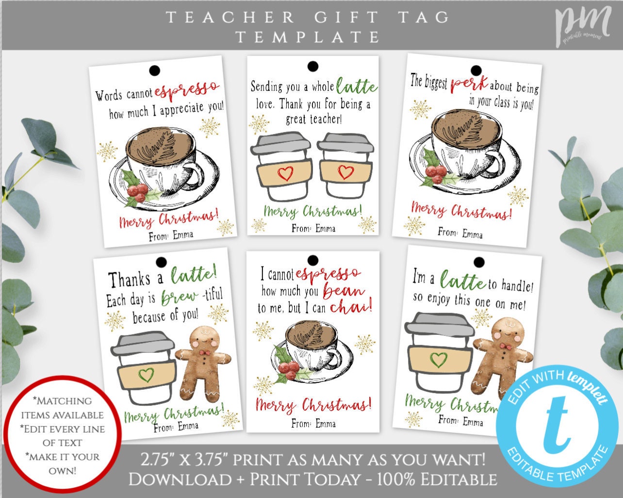 Teacher Gift Tag Template for Christmas Appreciation Gift Tag Coffee ...