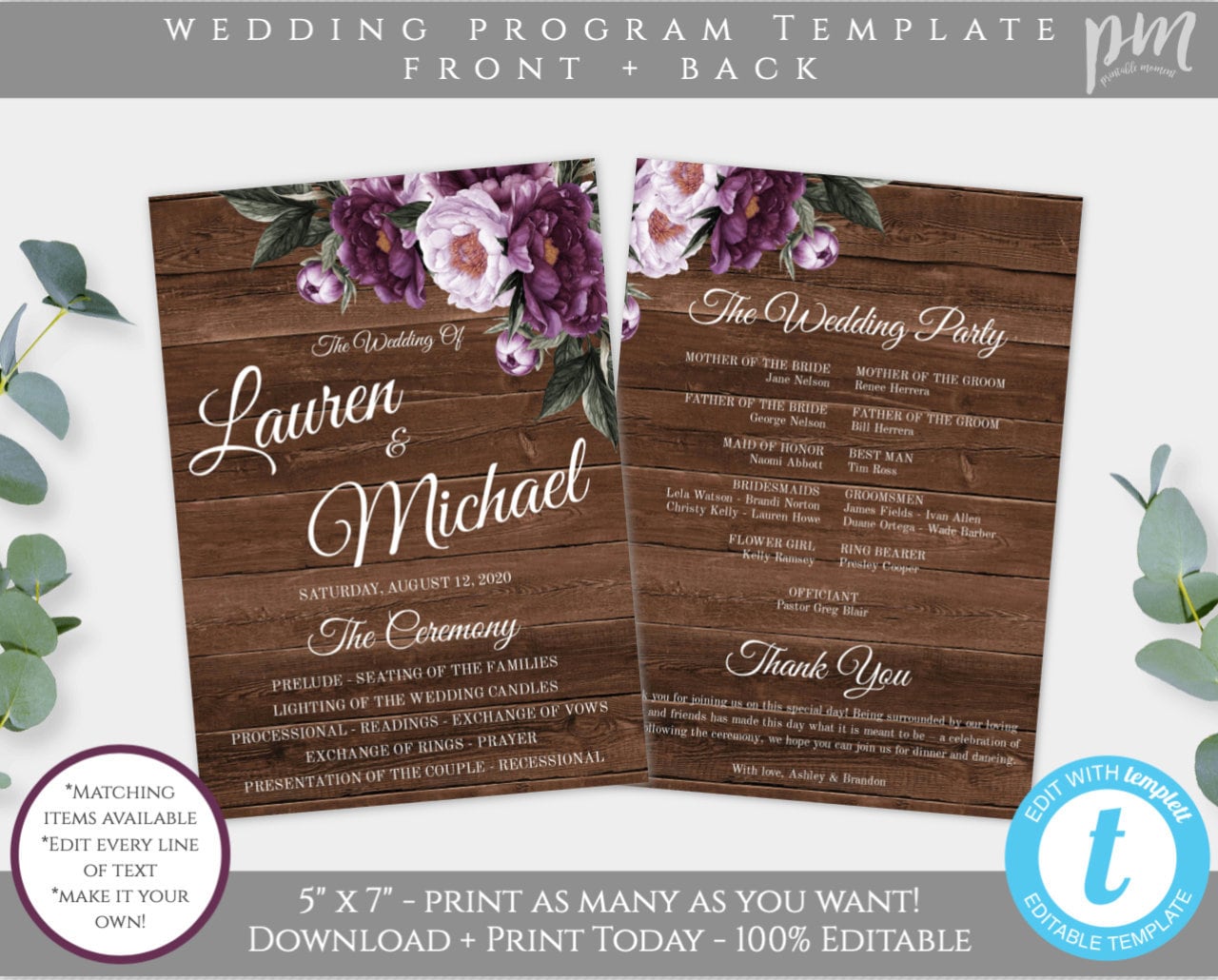 Rustic Wedding Program Template, Printable Purple Floral Program ...