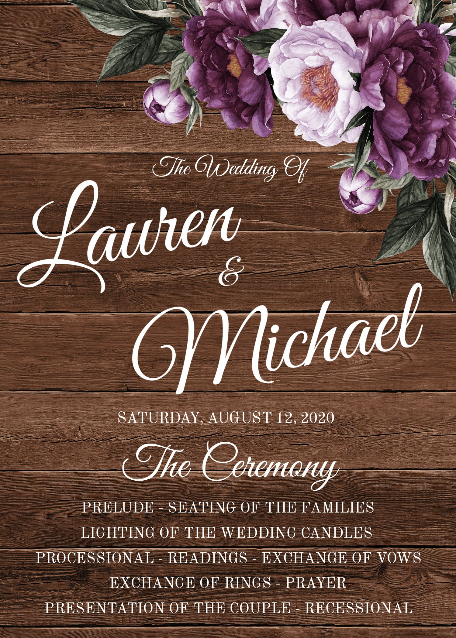 Rustic Wedding Program Template, Printable Purple Floral Program ...