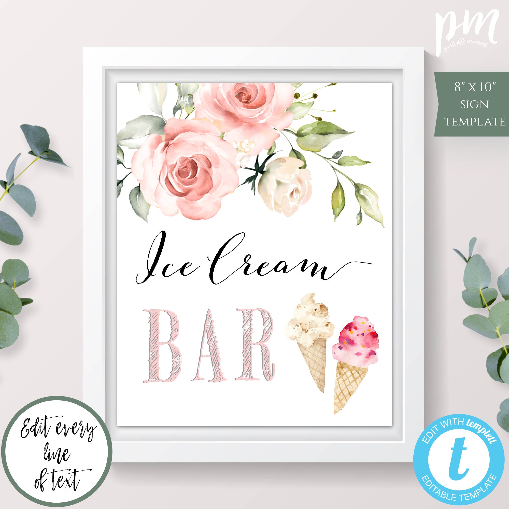 Blush Pink Floral Ice Cream Bar Sign Template Ice Cream Social ...