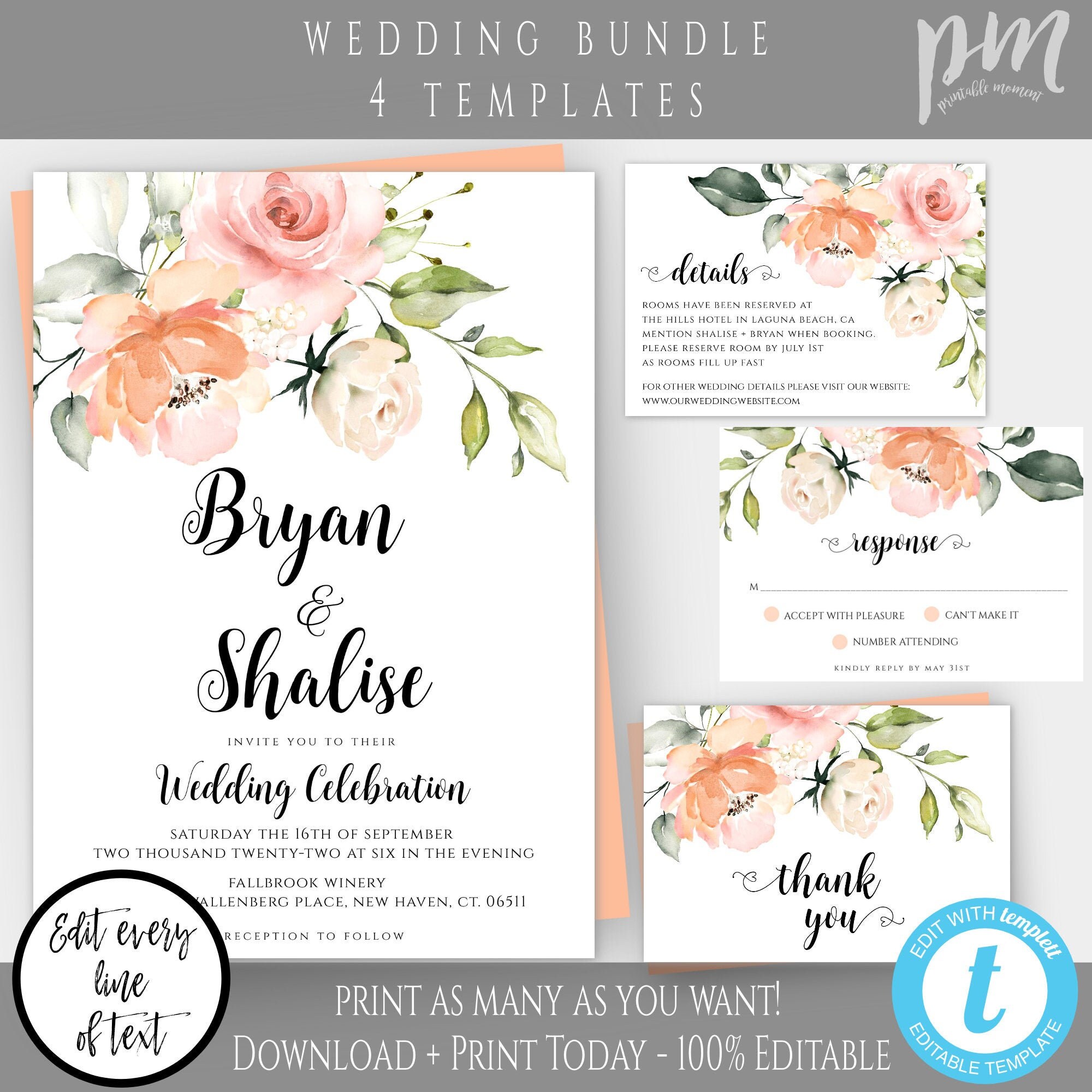 Wedding Invitation Template Set, Peach Floral Wedding Invite, Editable ...