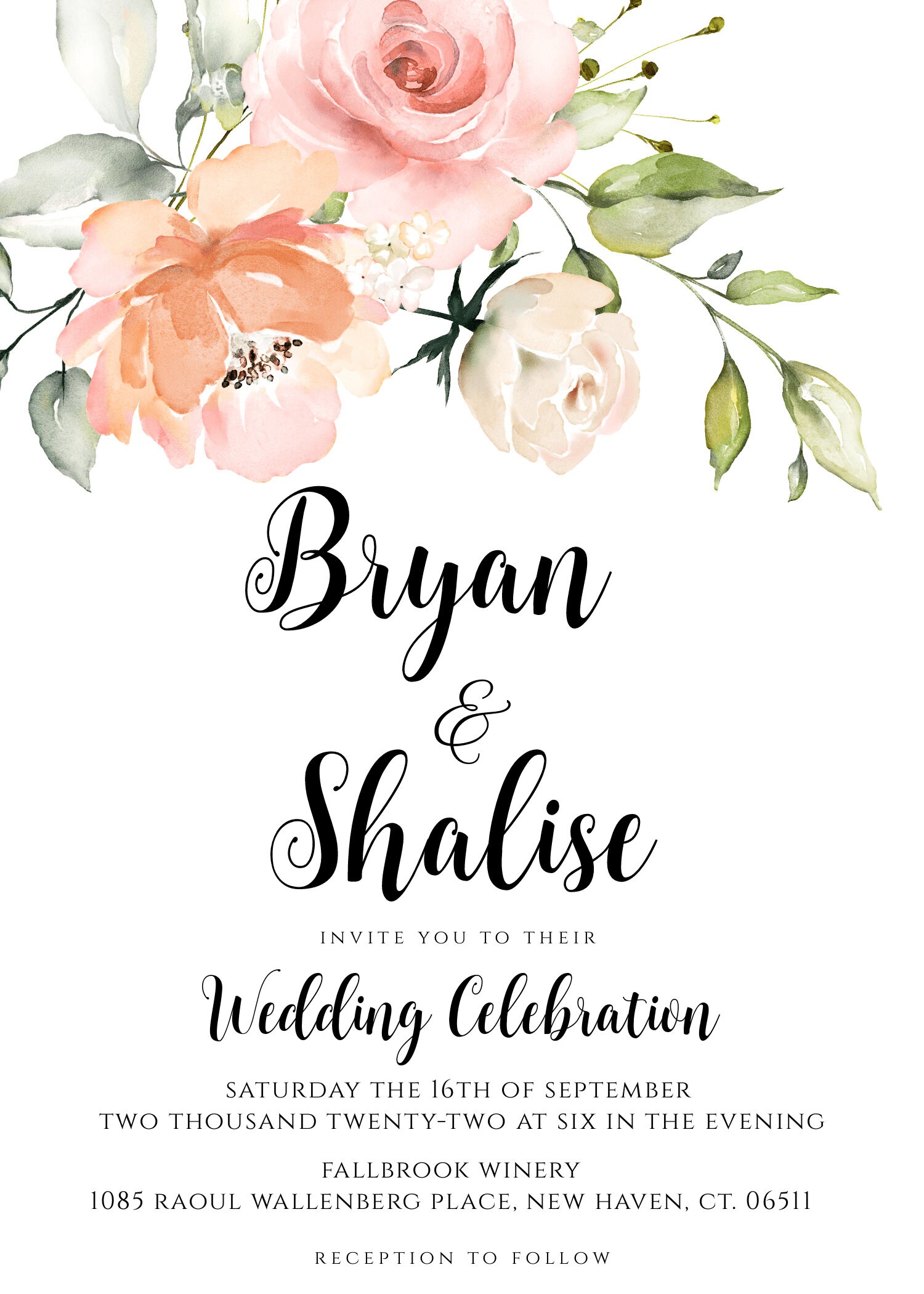 Wedding Invitation Template Set, Peach Floral Wedding Invite, Editable ...