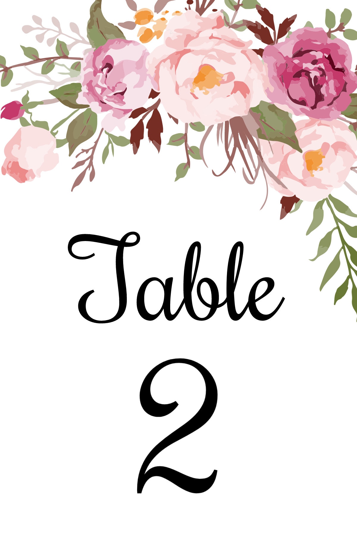 Pink Floral Wedding Table Number Template, 4x6 Printable Table Number ...