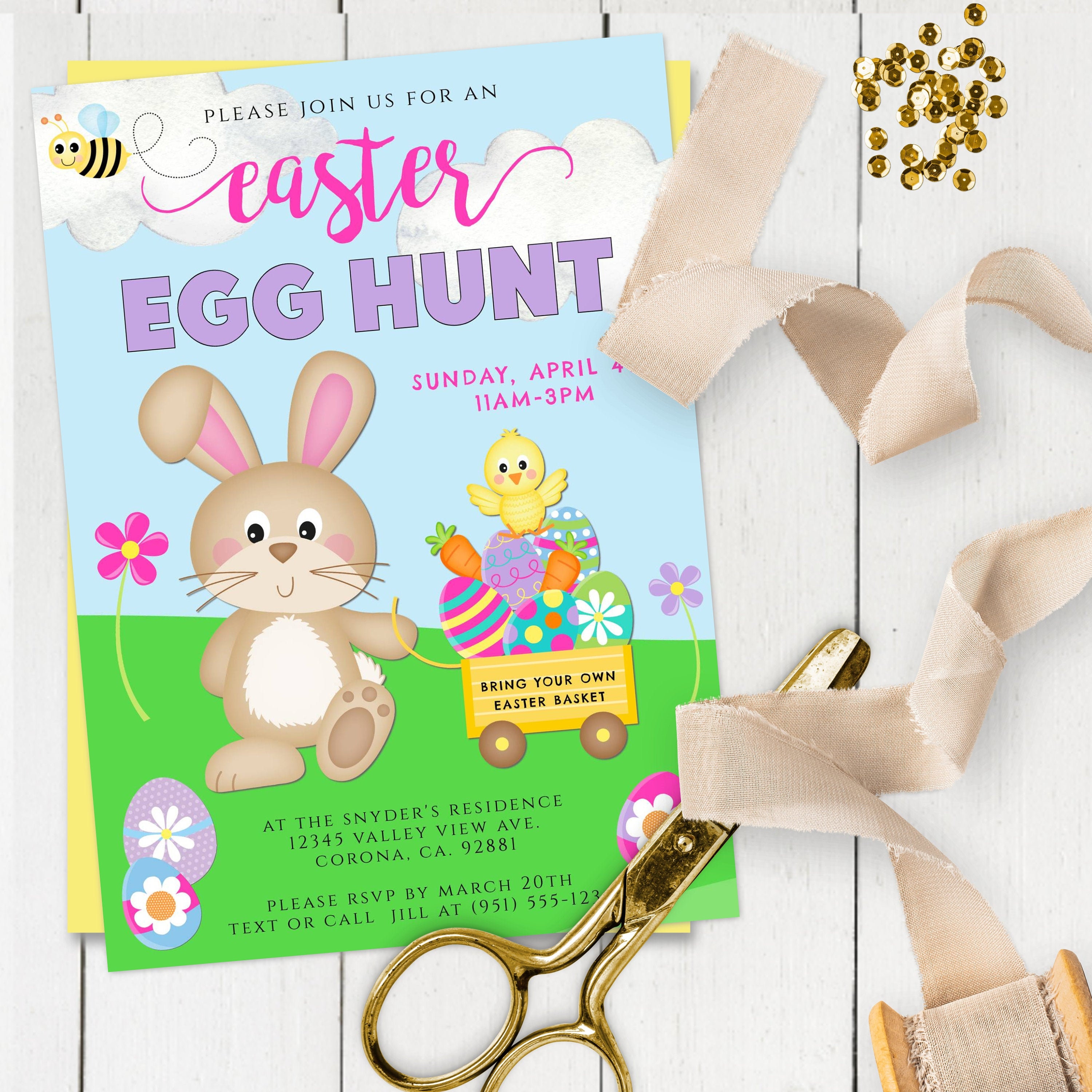 Easter egg hunt Invitation Template, Printable Easter Party Invite for ...