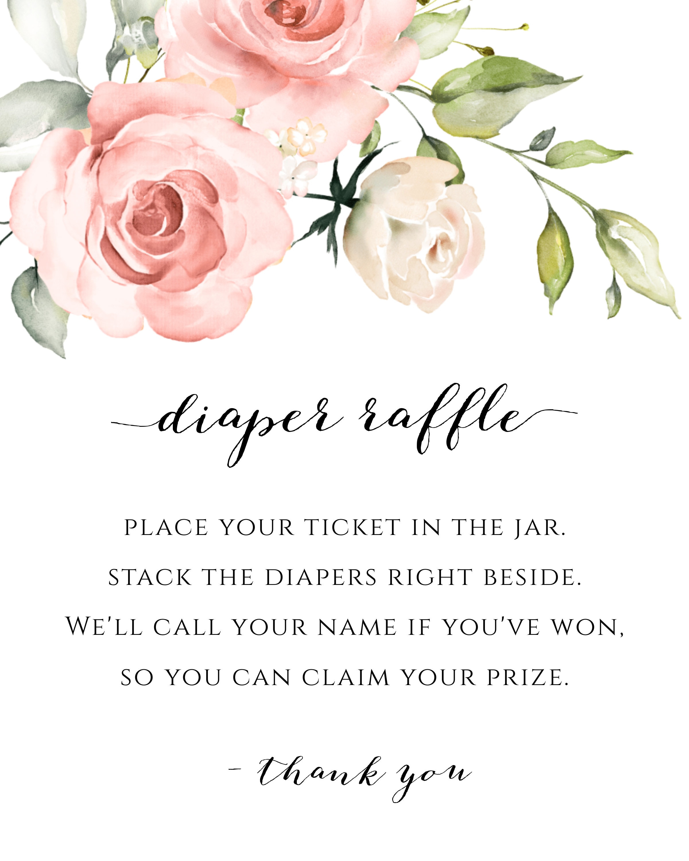 Pink Floral Diaper Raffle Sign + Card Template, Blush Pink Baby Shower ...