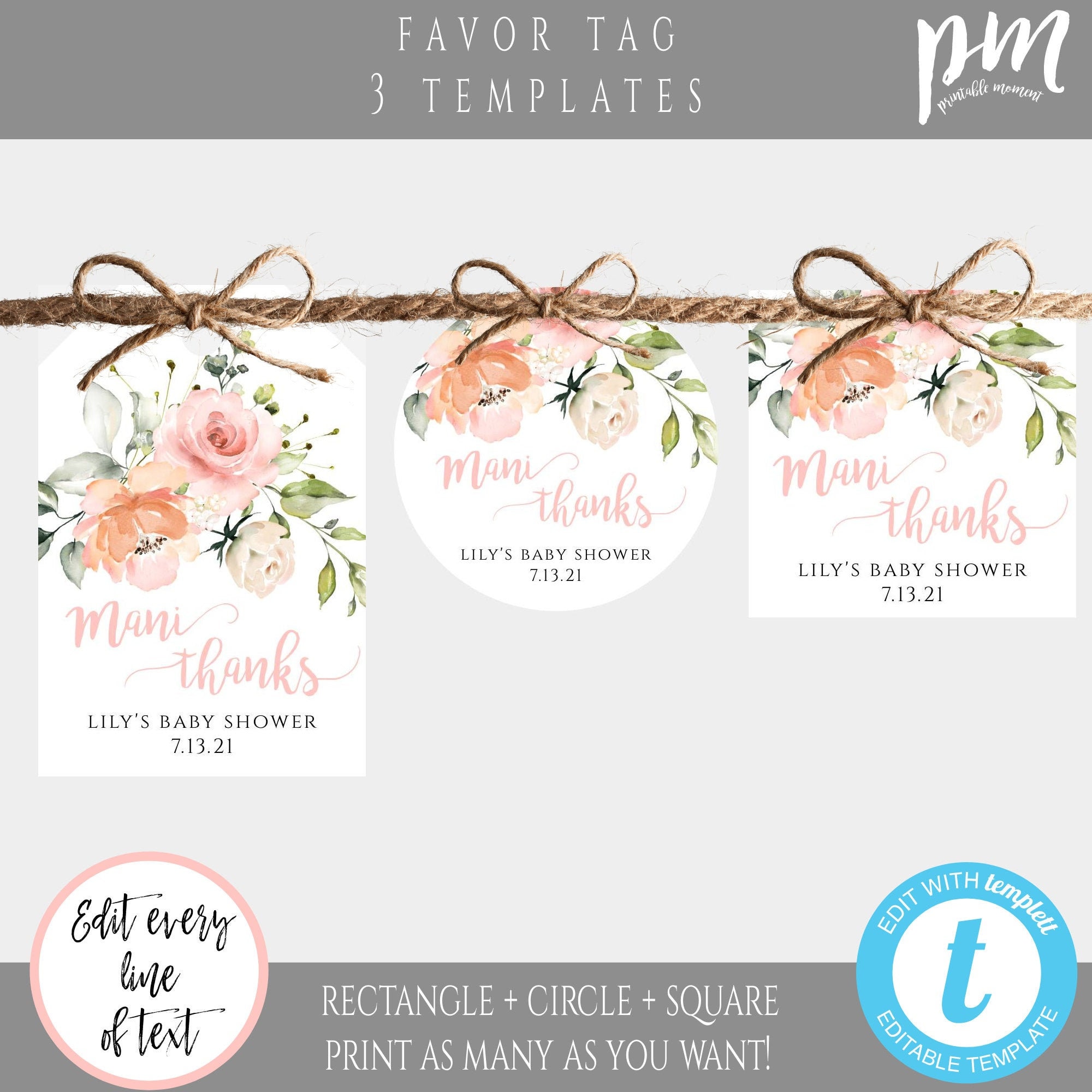 Mani Thanks Peach Floral Thank You Favor Tag Template Set, Gift Tag ...