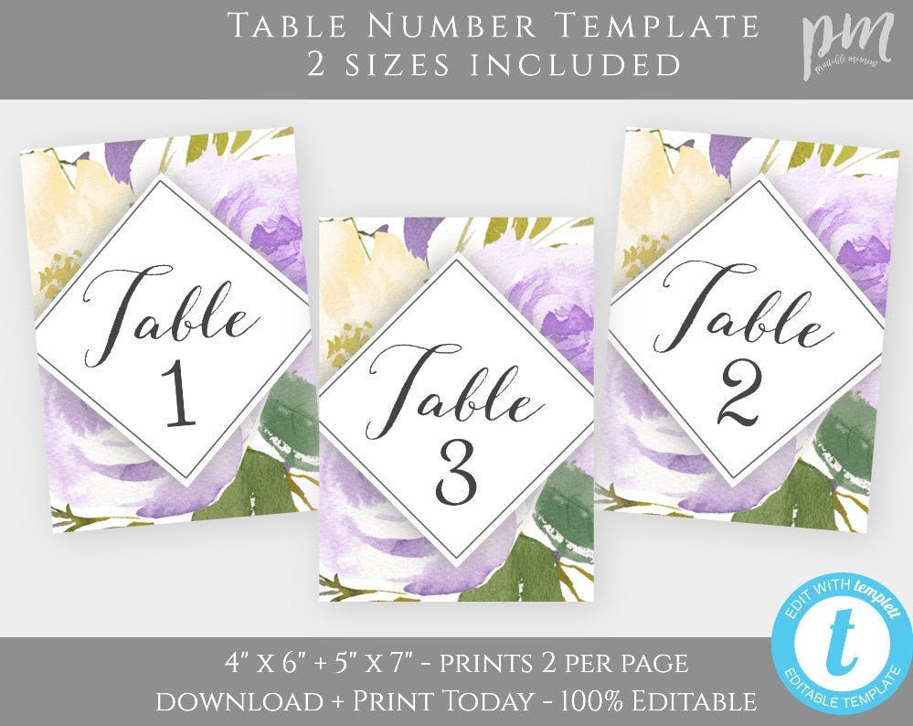 Wedding Table Number Template, Printable Number Cards, Purple Wedding ...