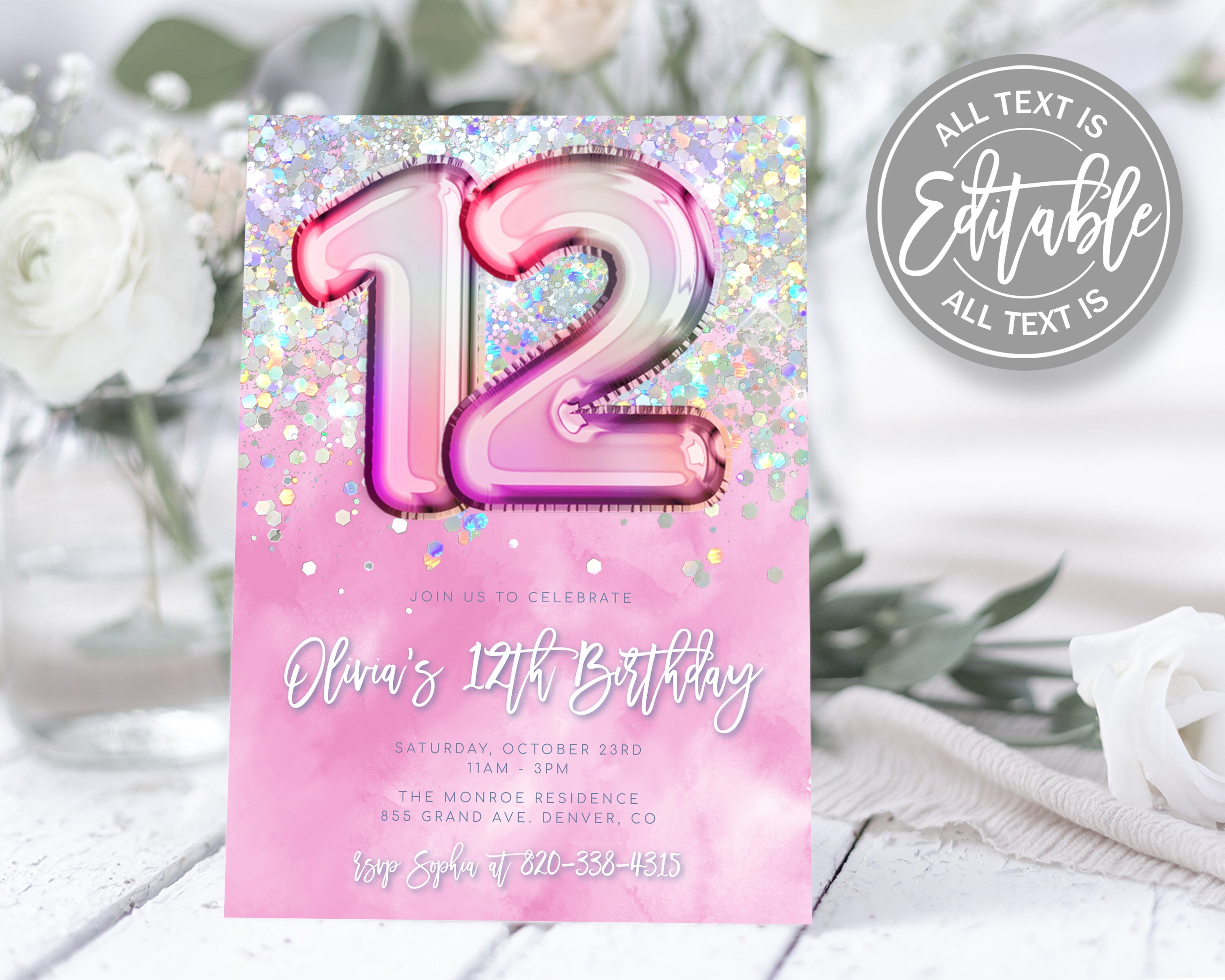 Pink Glitter and Confetti 12th Birthday Invitation Template BD16 ...