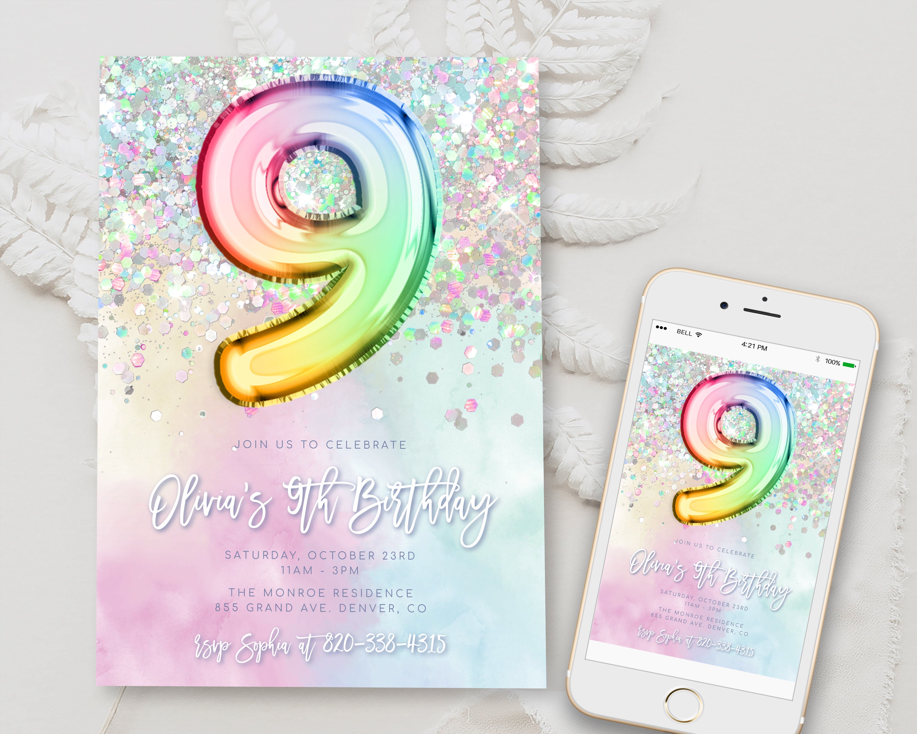 Editable 9th Birthday Invitation Template Rainbow Glitter Birthday ...