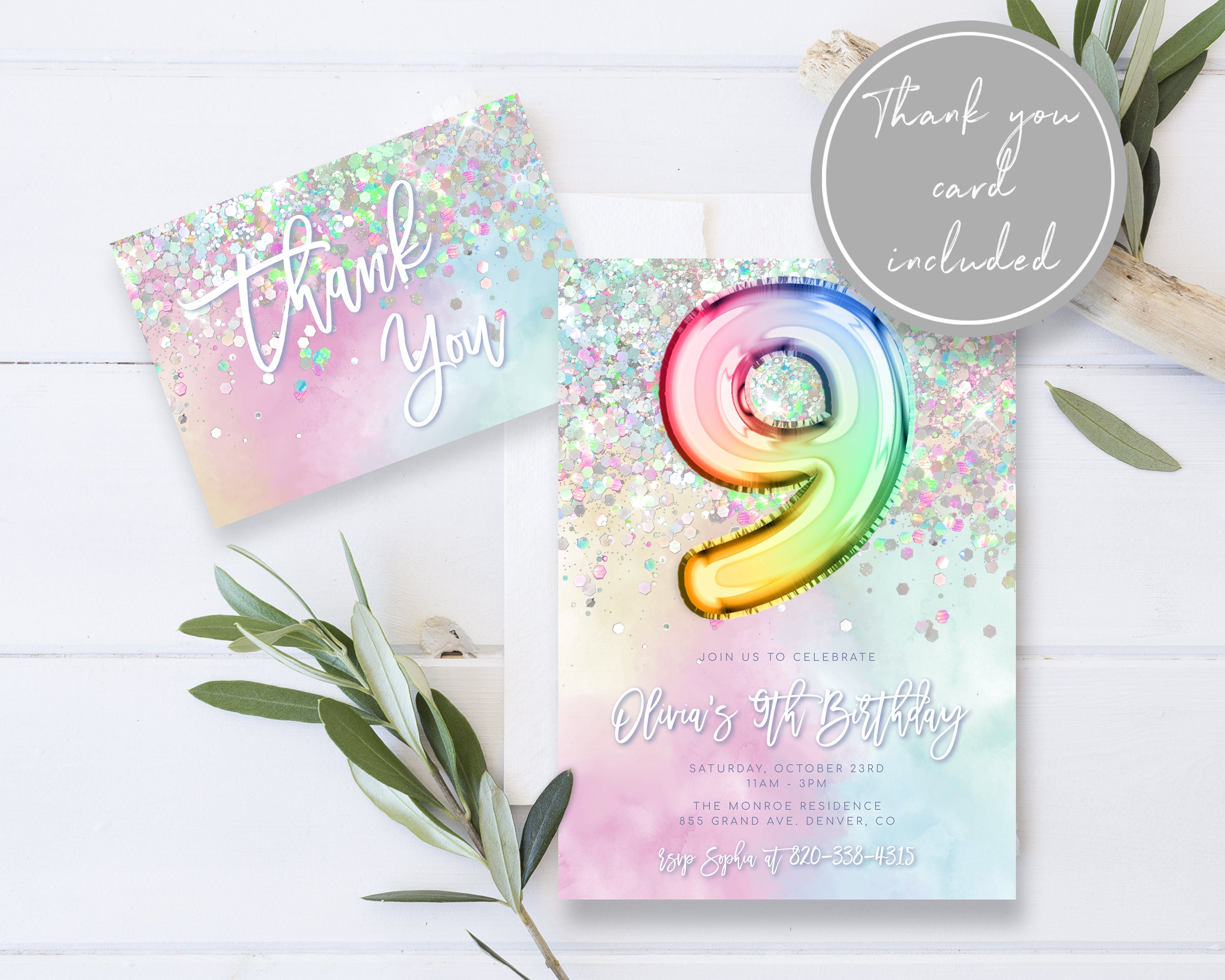 Editable 9th Birthday Invitation Template Rainbow Glitter Birthday ...