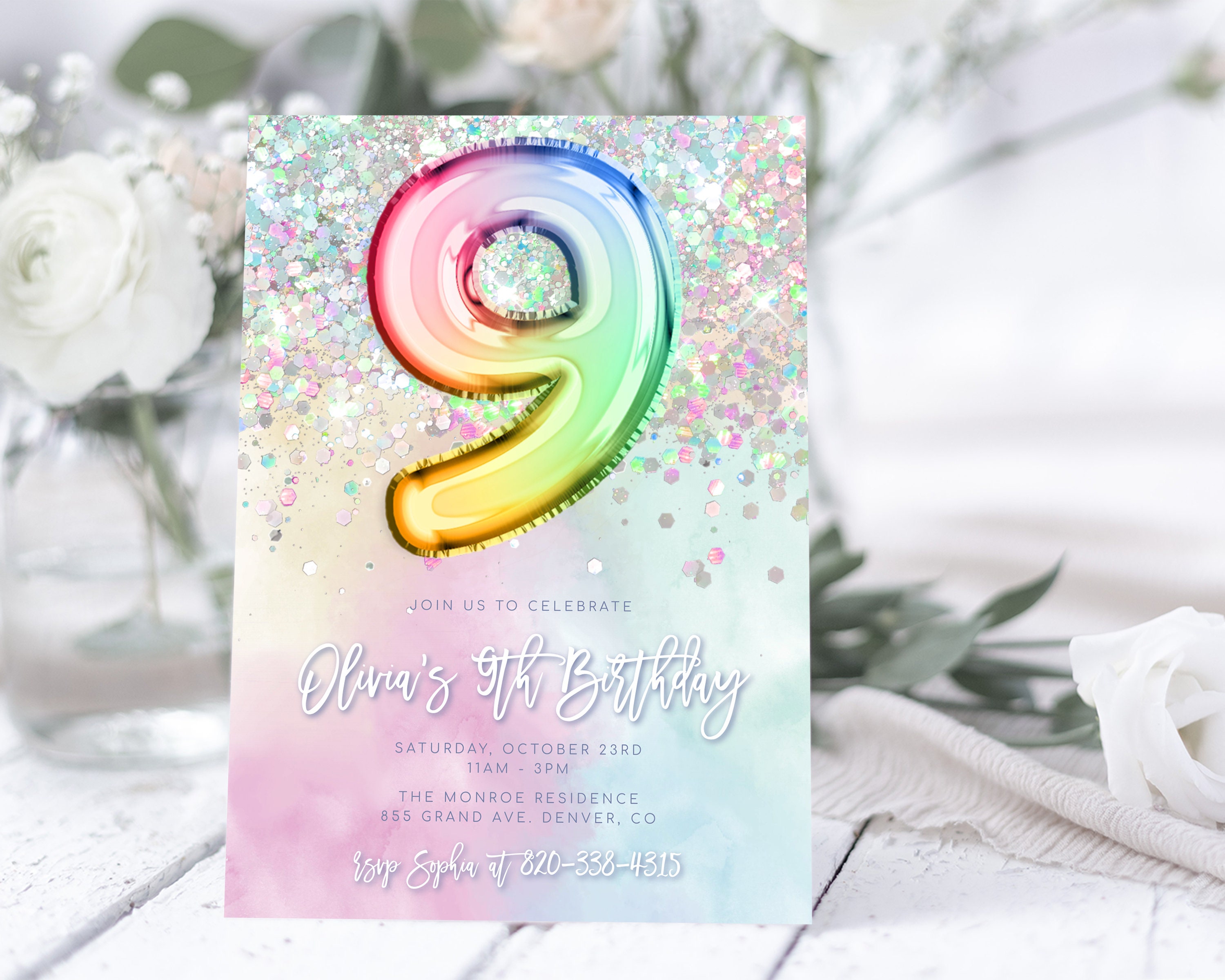 Editable 9th Birthday Invitation Template Rainbow Glitter Birthday ...