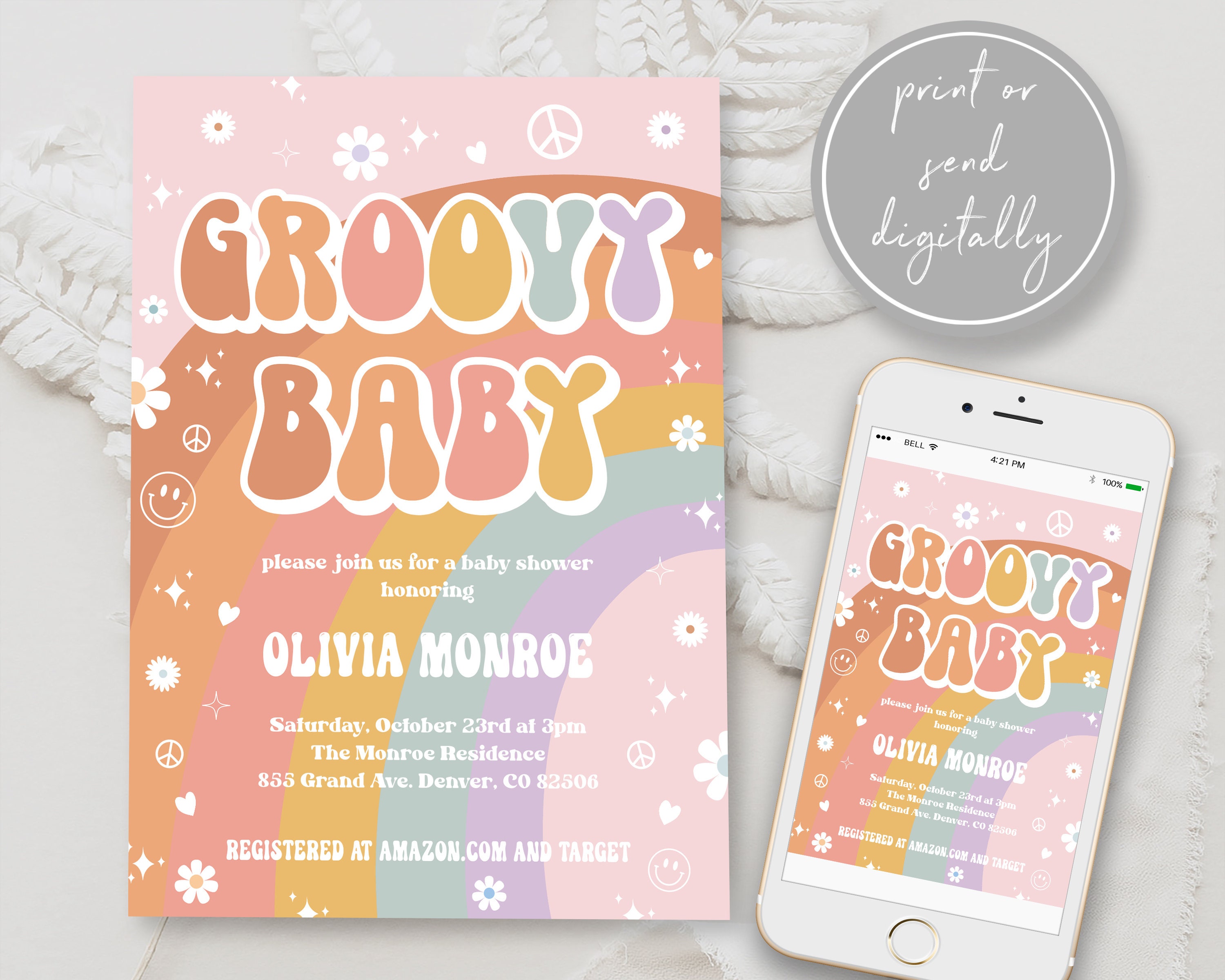 Editable Groovy Baby Shower Invitation Template 70's Retro Baby Shower ...