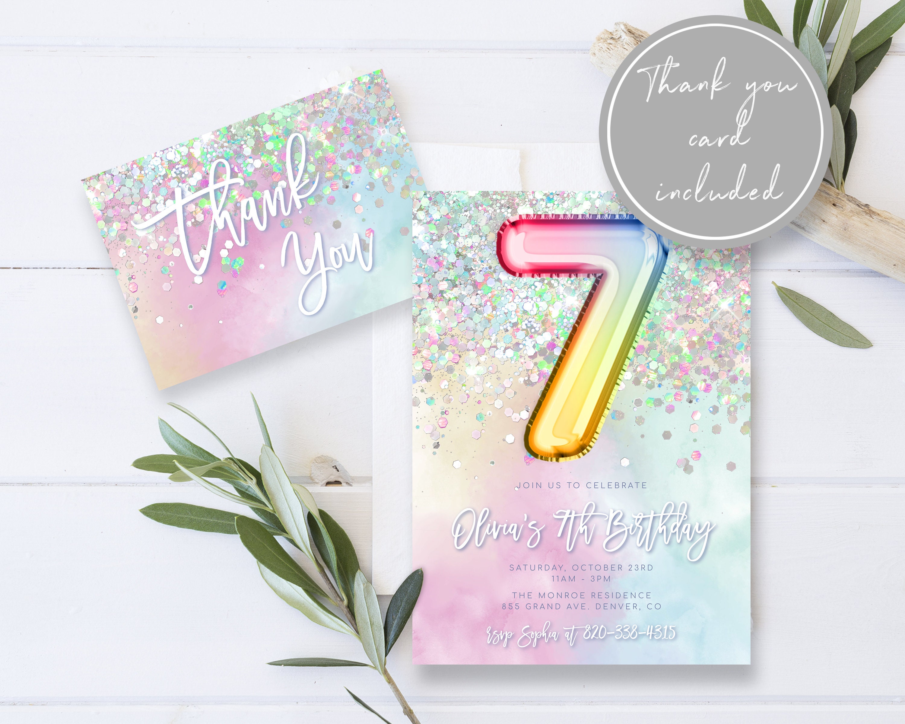 Editable 7th Birthday Invitation Template Rainbow Glitter Birthday ...