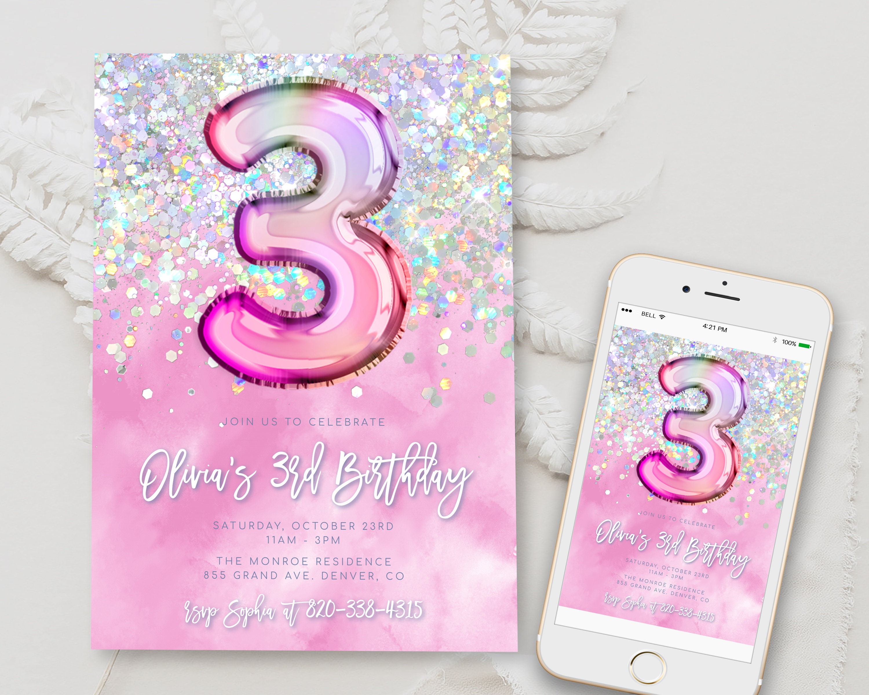 Pink Glitter and Confetti 3rd Birthday Invitation Template BD16 ...