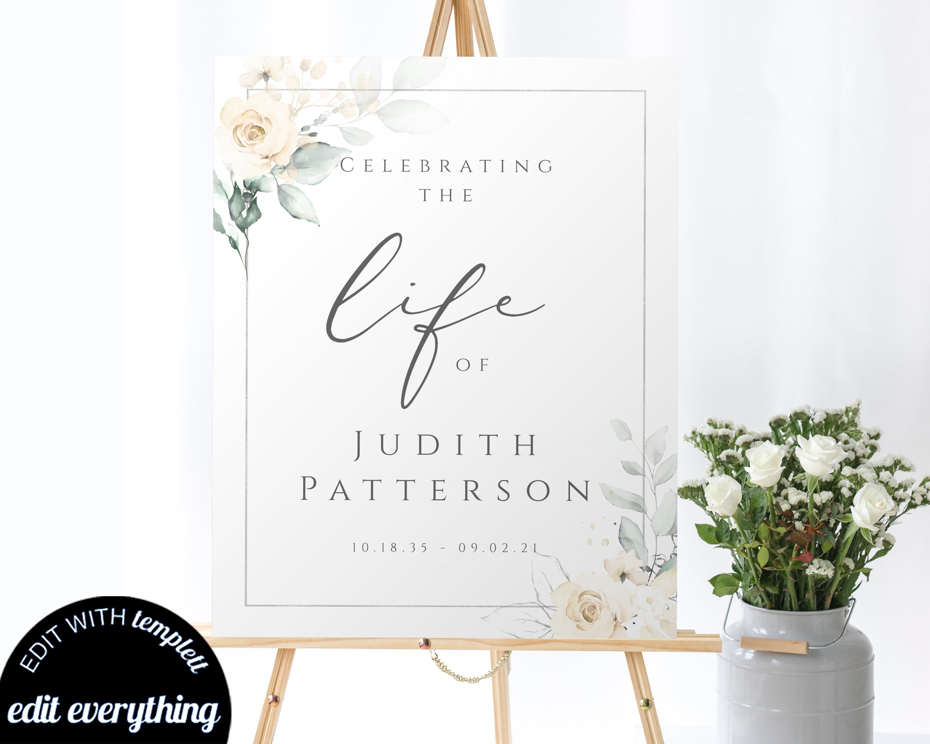 White Floral Celebration of Life Welcome Sign Template FT03 - Templett Shop