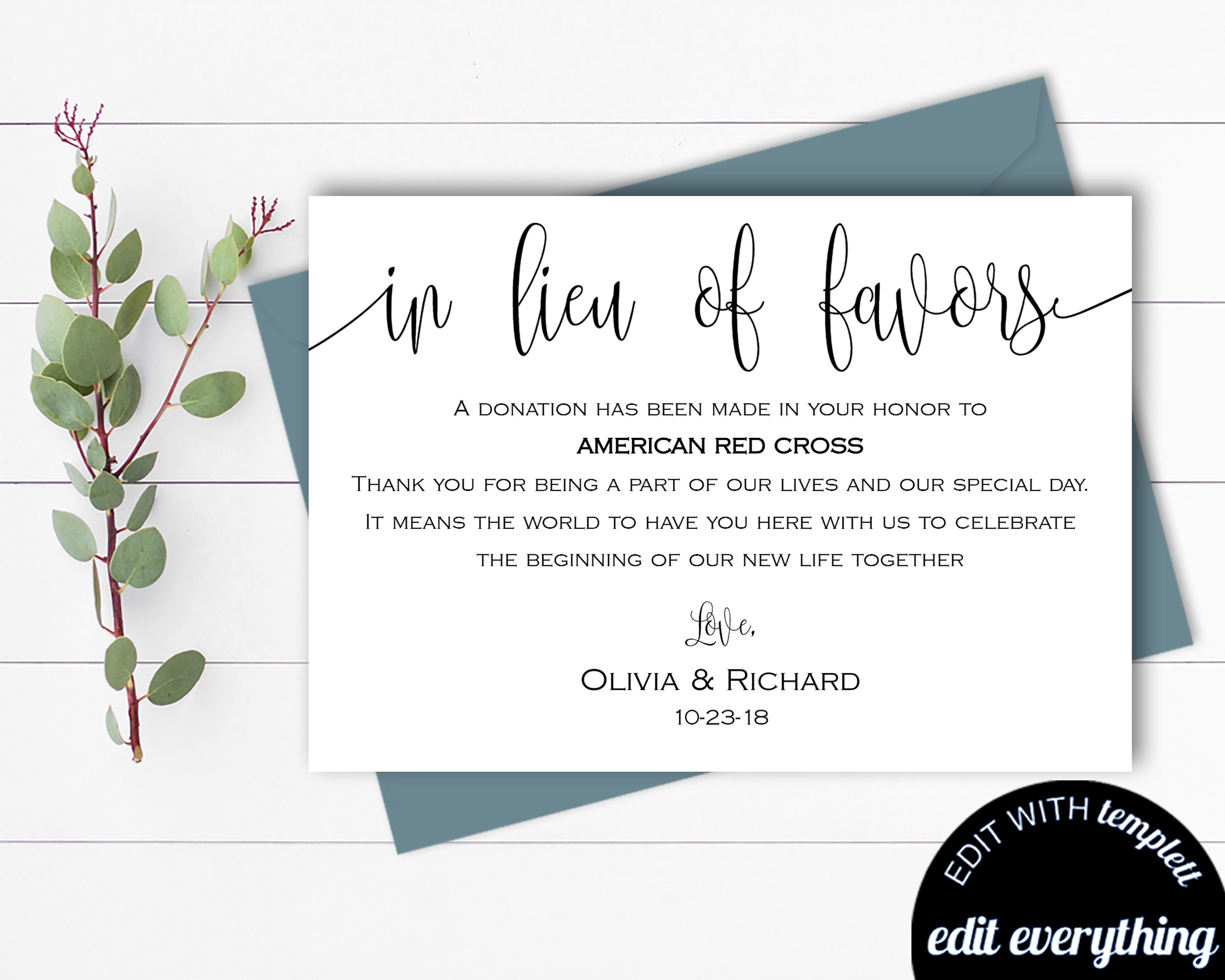 In Lieu of Favors Wedding Donation Card In Lieu of Favors Donation Card ...