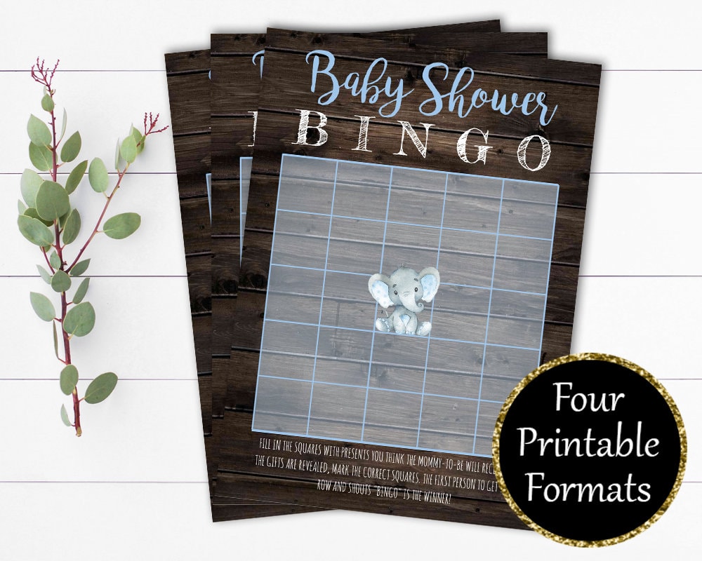 Blue Elephant Baby Shower Bingo Game Baby Bingo Game Rustic Baby Shower ...