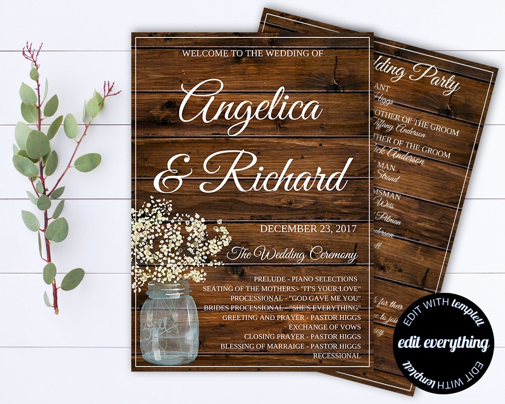 Rustic Wedding Program Template - Printable Wedding Program - Editable ...