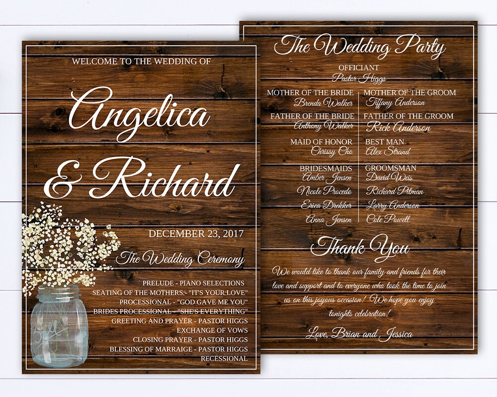 Rustic Wedding Program Template - Printable Wedding Program - Editable ...