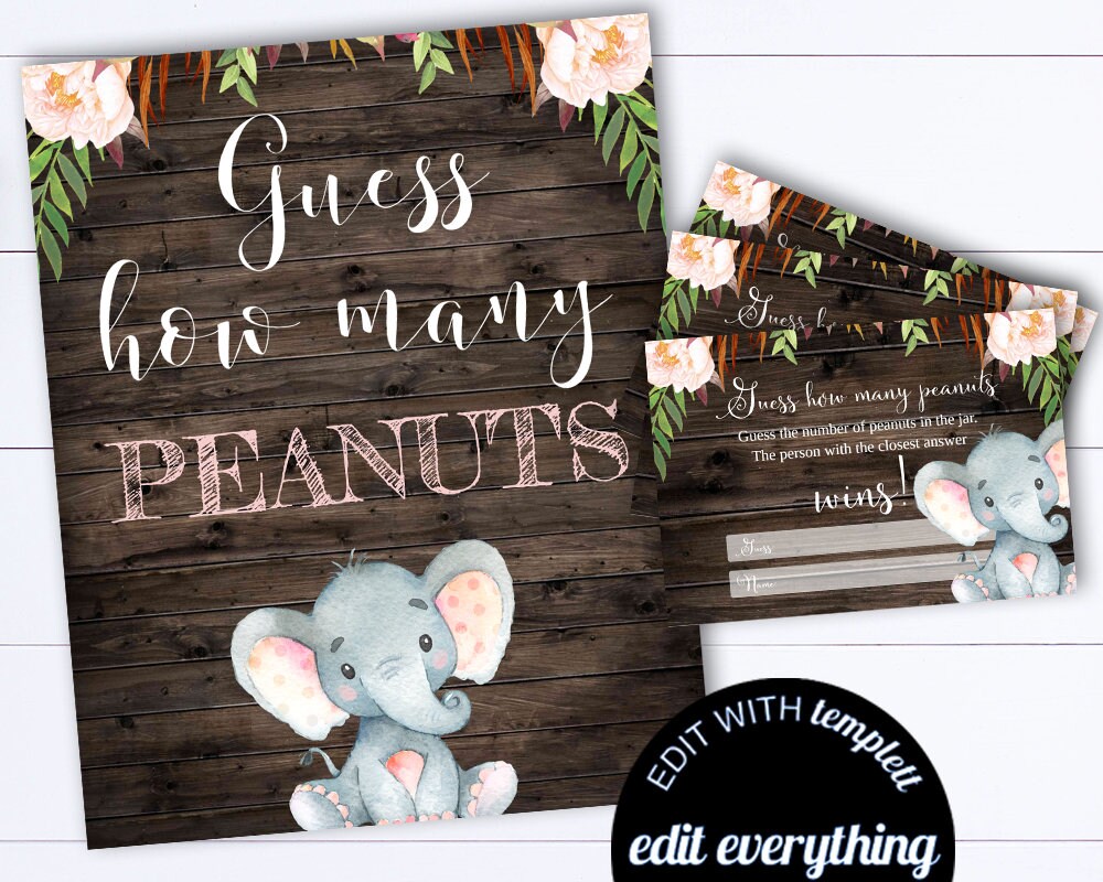Elephant Peanut Guessing Game Guess How Many Baby Shower Games Peanut ...